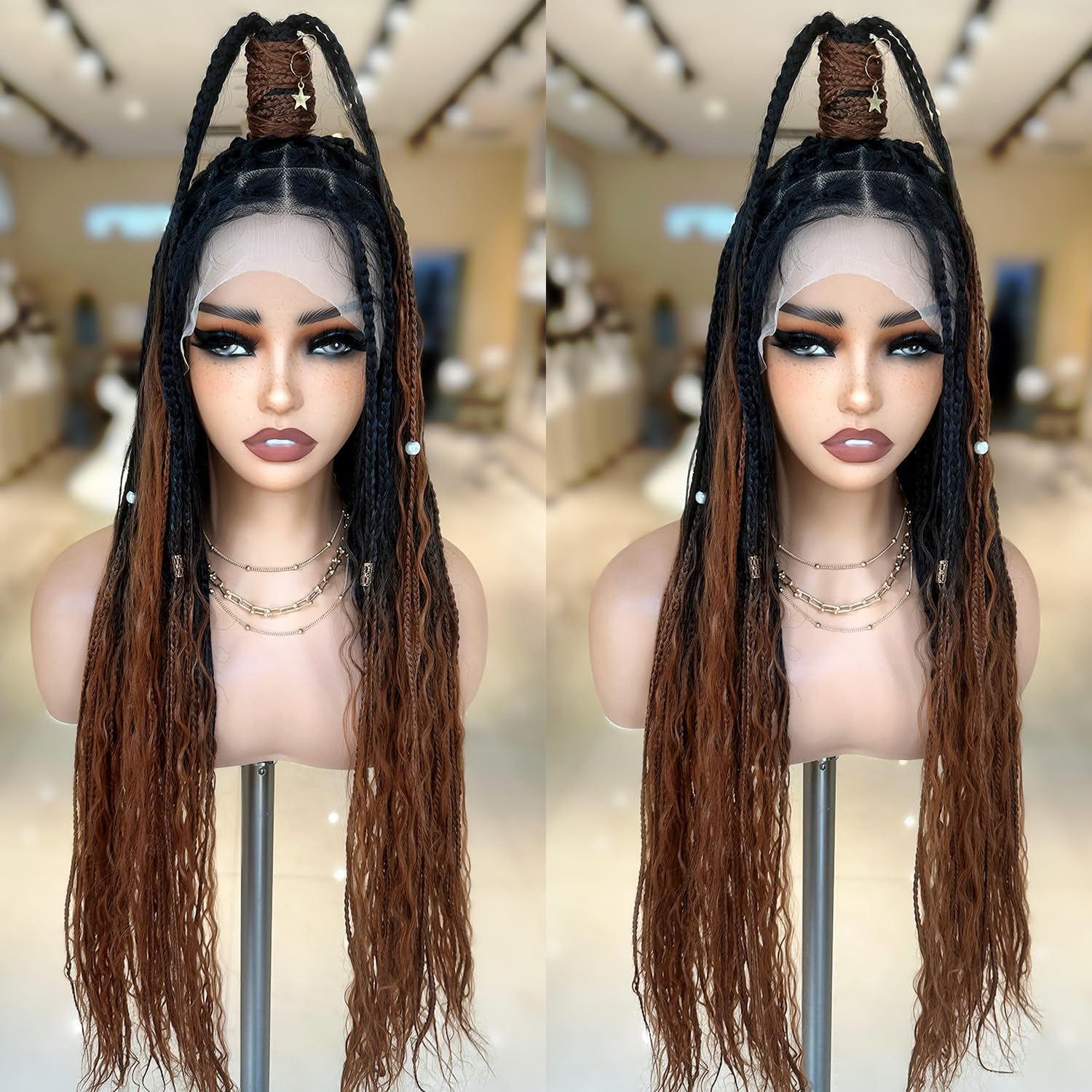 Amazon.com: Single Full Lace Frontal Bohemian Box Braids Wigs for Women 32 Inch Ombre Brown ...