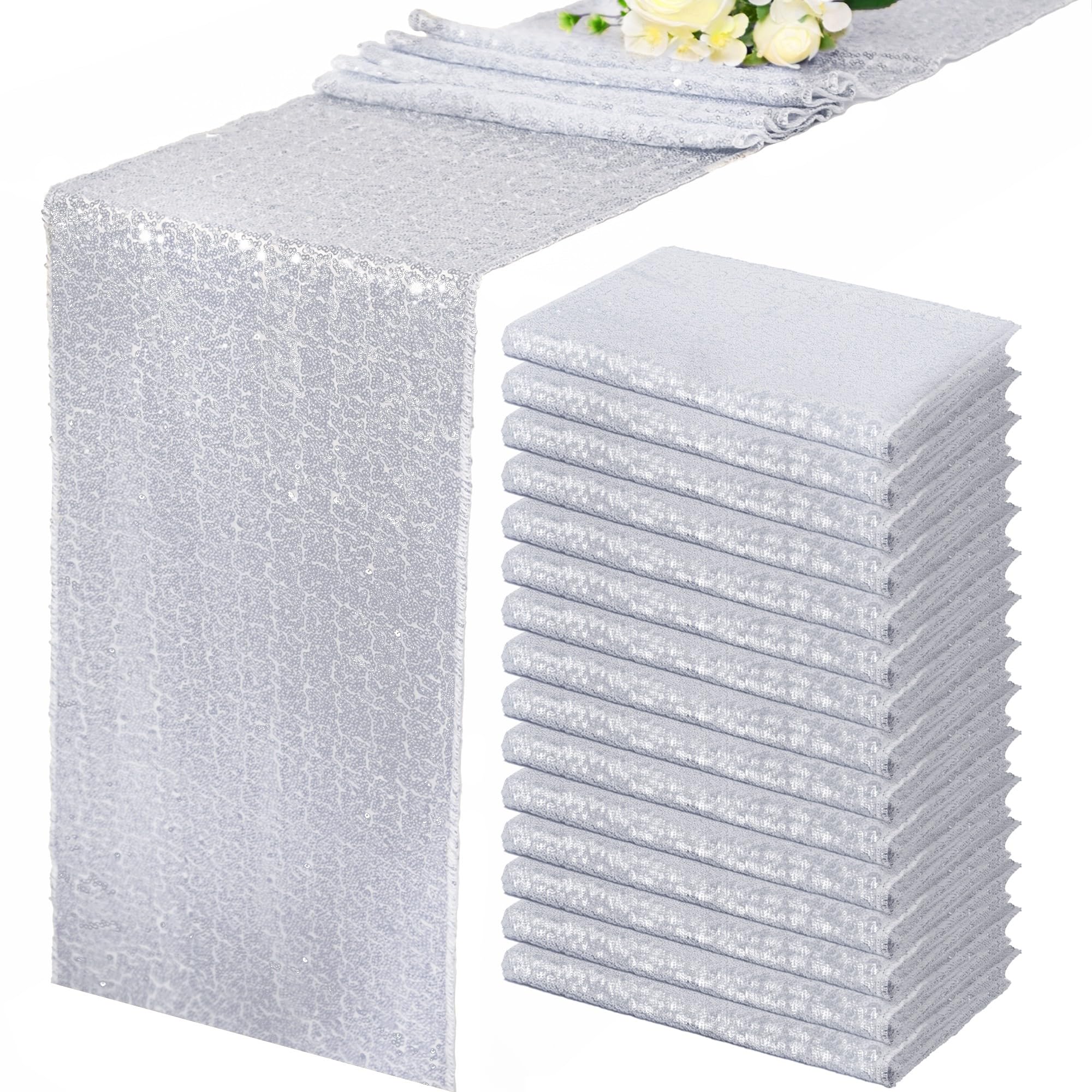 Amazon.com: 15 Pack Silver Table Runner 12 X 108Inch Glitter Sequin ...