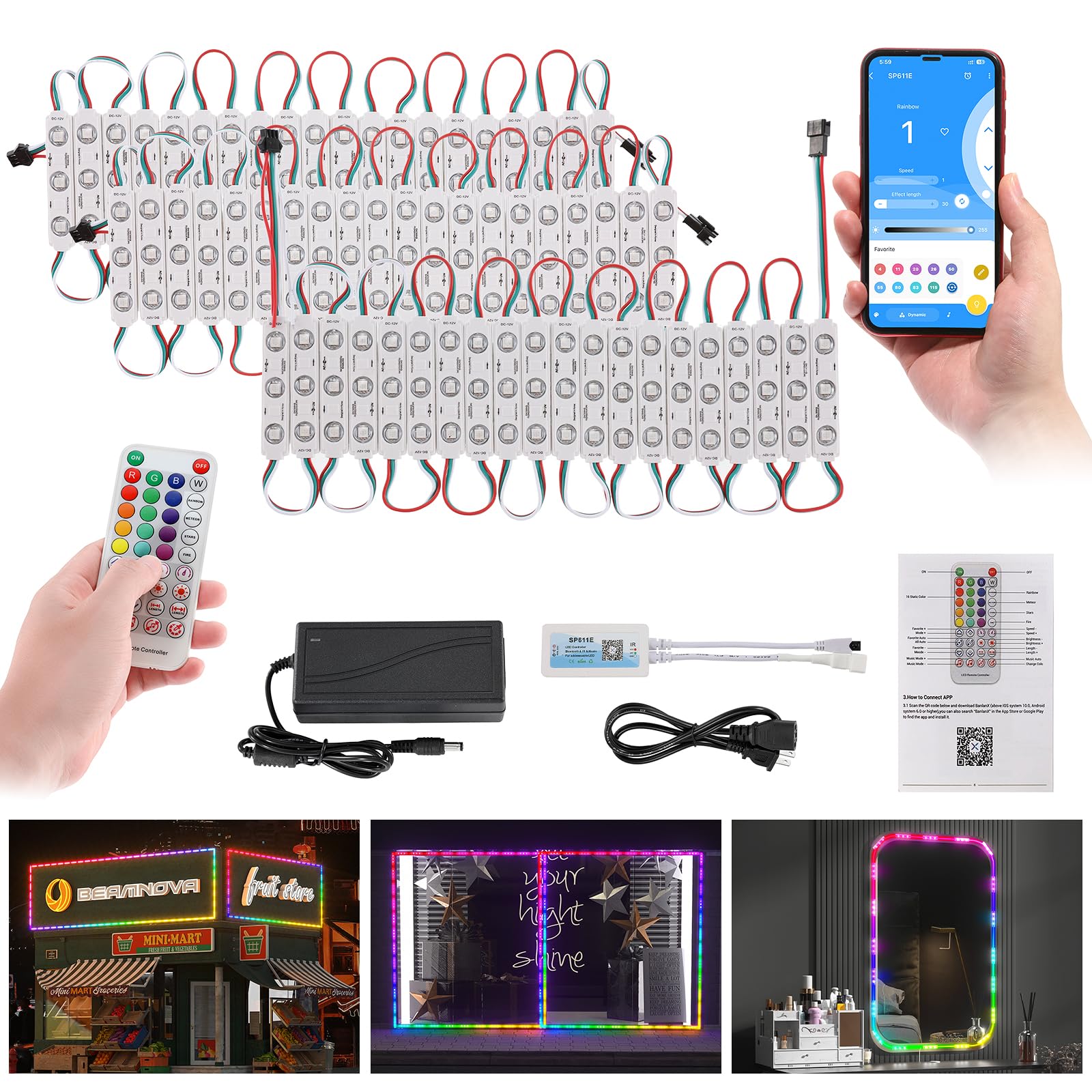 Amazon.com: BEAMNOVA 30Ft Commercial Storefront Light Kit 60pcs RGBIC ...