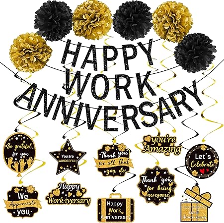 Amazon.com: Tintisfafa Happy Work Anniversary Decorations Black Gold ...