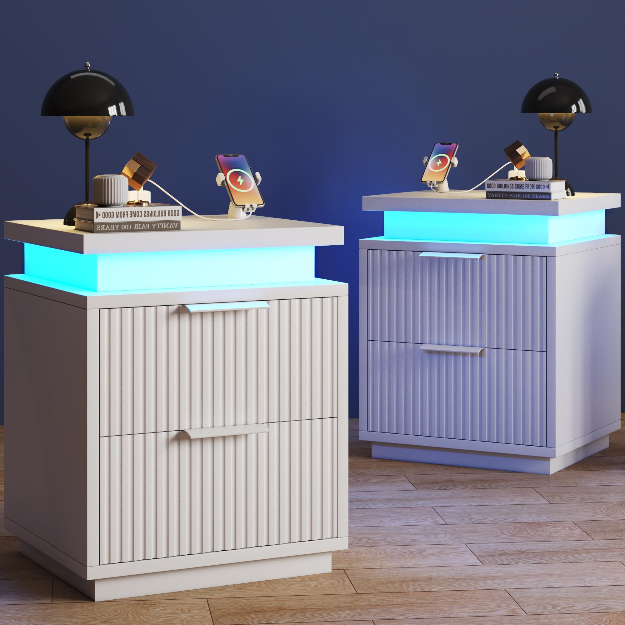 Amazon.com: Fluest Nightstand Set of 2 with Charging Station and LED ...
