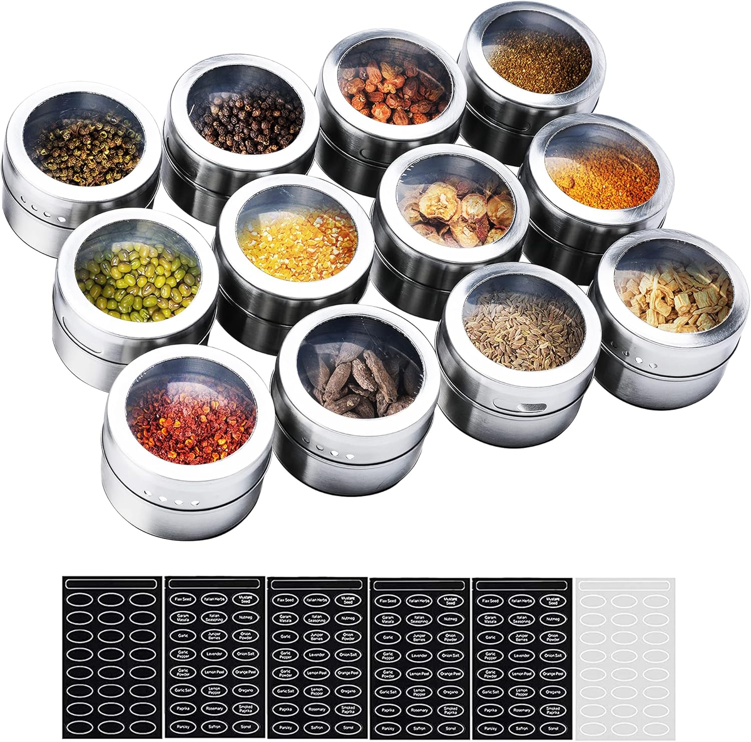 SZILBZ Spice Jars 12 Set, Stainless Steel Transparent Top BBQ Spice Tin ...