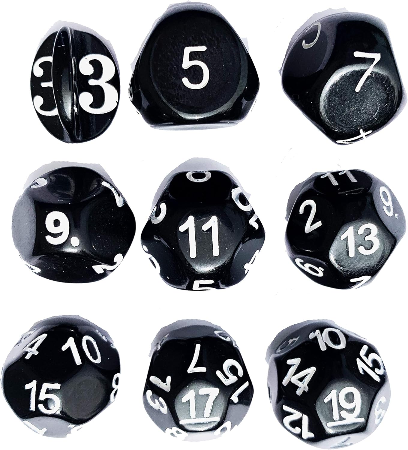 Black Set Of 9 Unusual Odd Sided Dice D3 D5 D7 D9 D11 D13 D15 D17 And D19