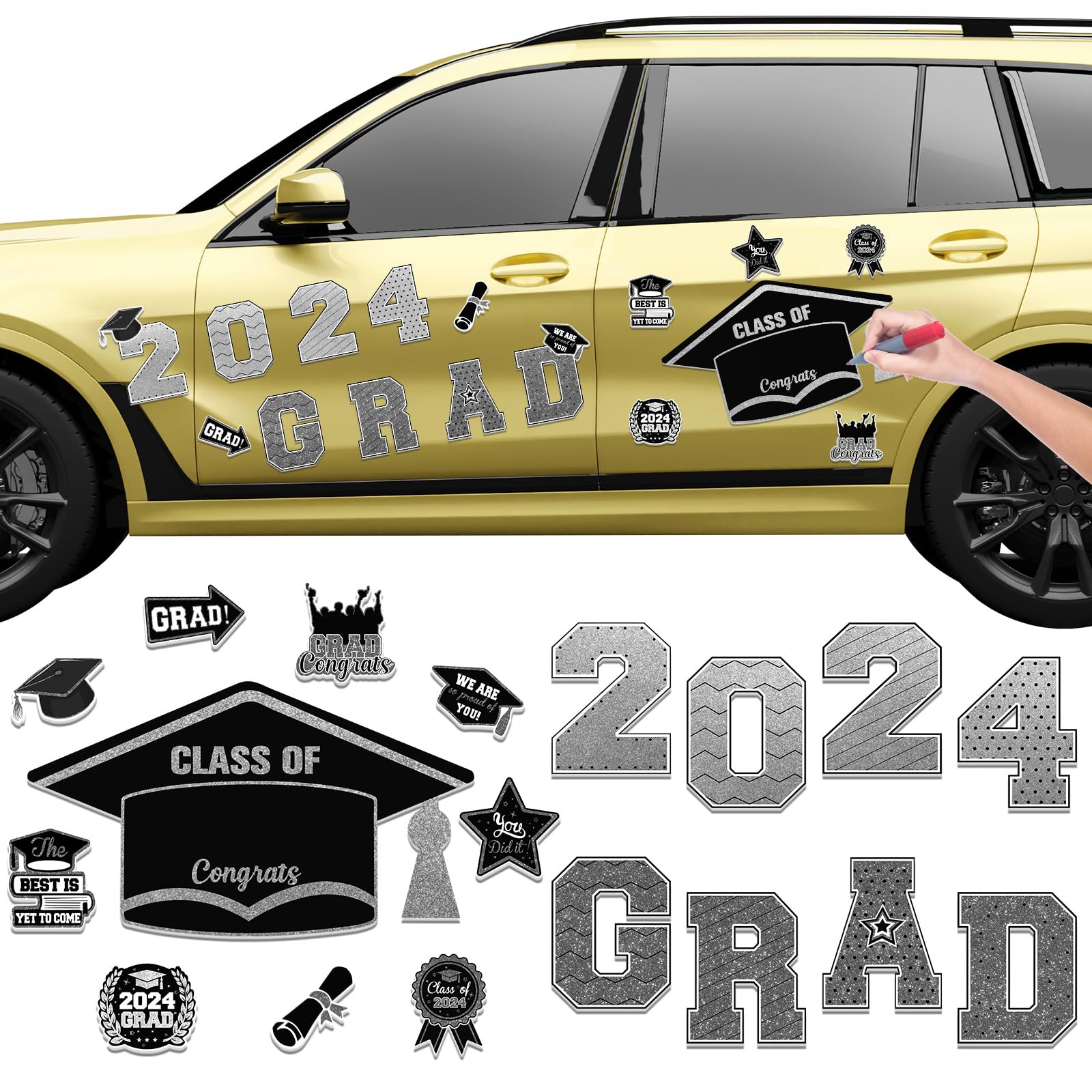 Amazon.com: 18Pcs Graduation Car Magnets Black Silver Grad 2024 Car ...