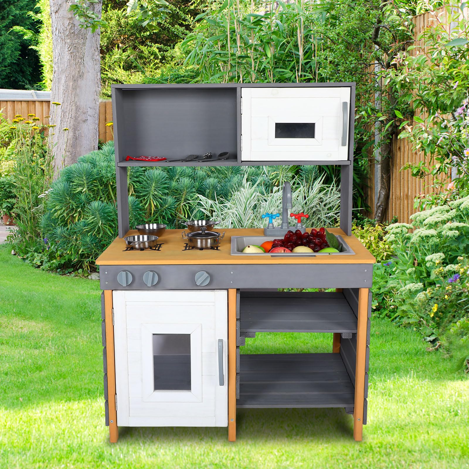 Outdoor Mud Kitchen Playset,Wooden Pretend Play Kitchen w/Water Box ...