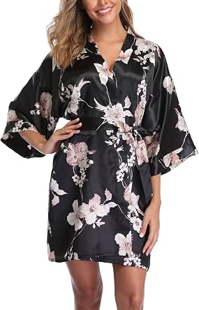 Amazon.com: Old-Times Women's Kimono Robes Floral Silk Bridal Robe ...