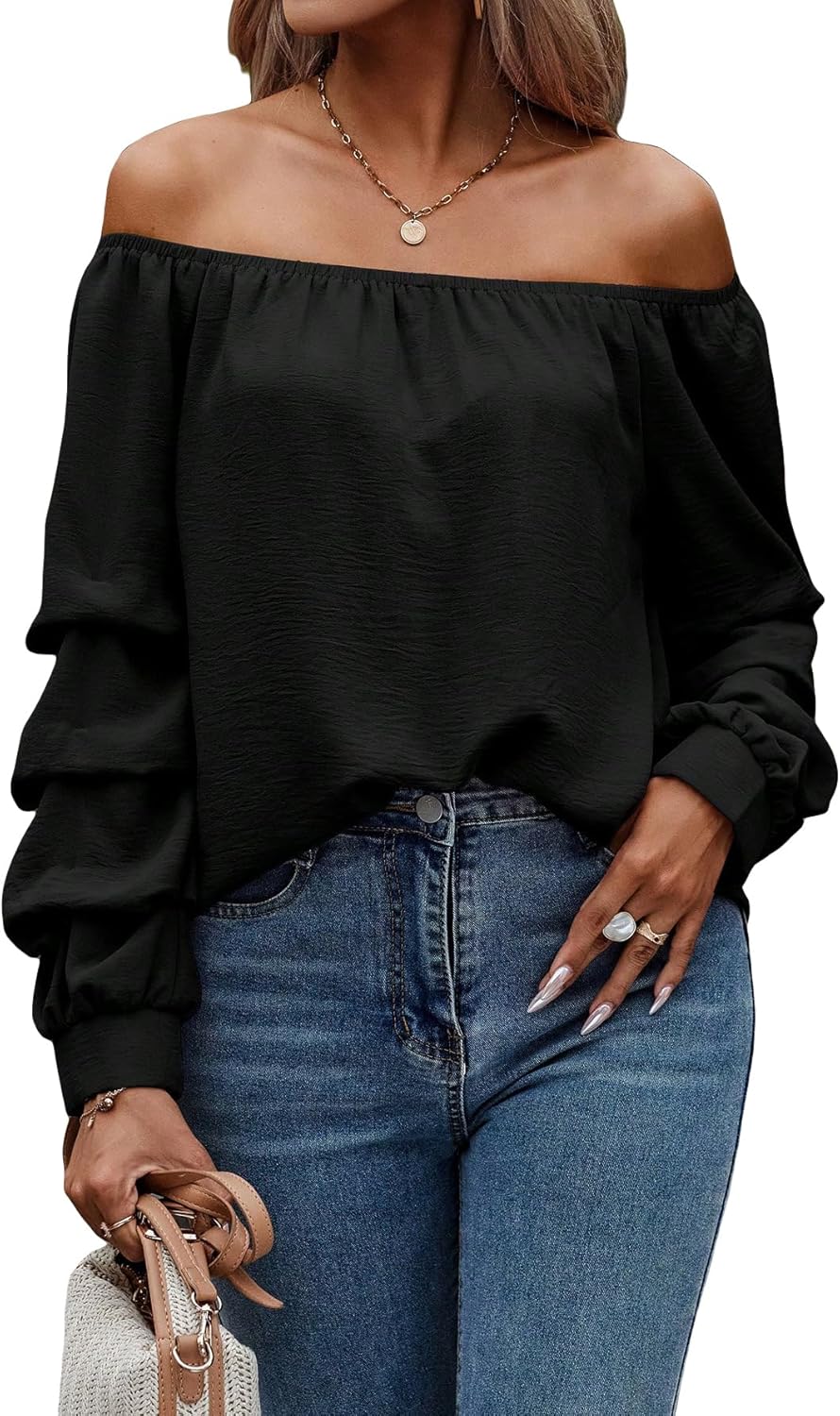 OYOANGLE Women's Off Shoulder Ruched Long Sleeve Blouse Trendy Going ...