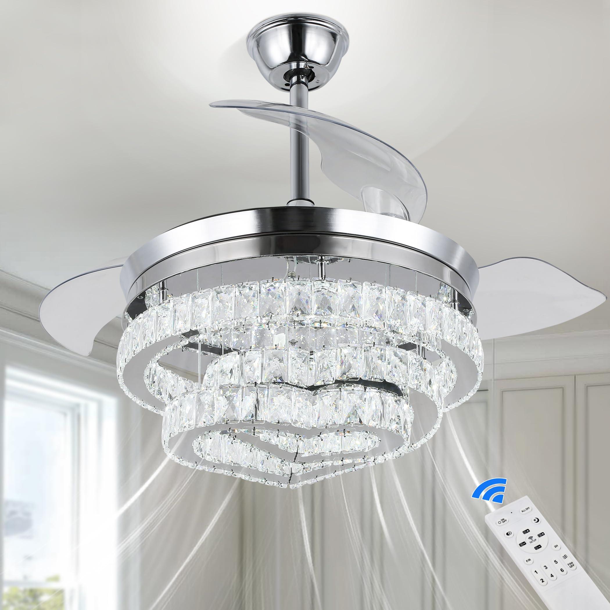 42'' Dimmable Fandelier Modern Crystal Chandelier Ceiling Fan ...