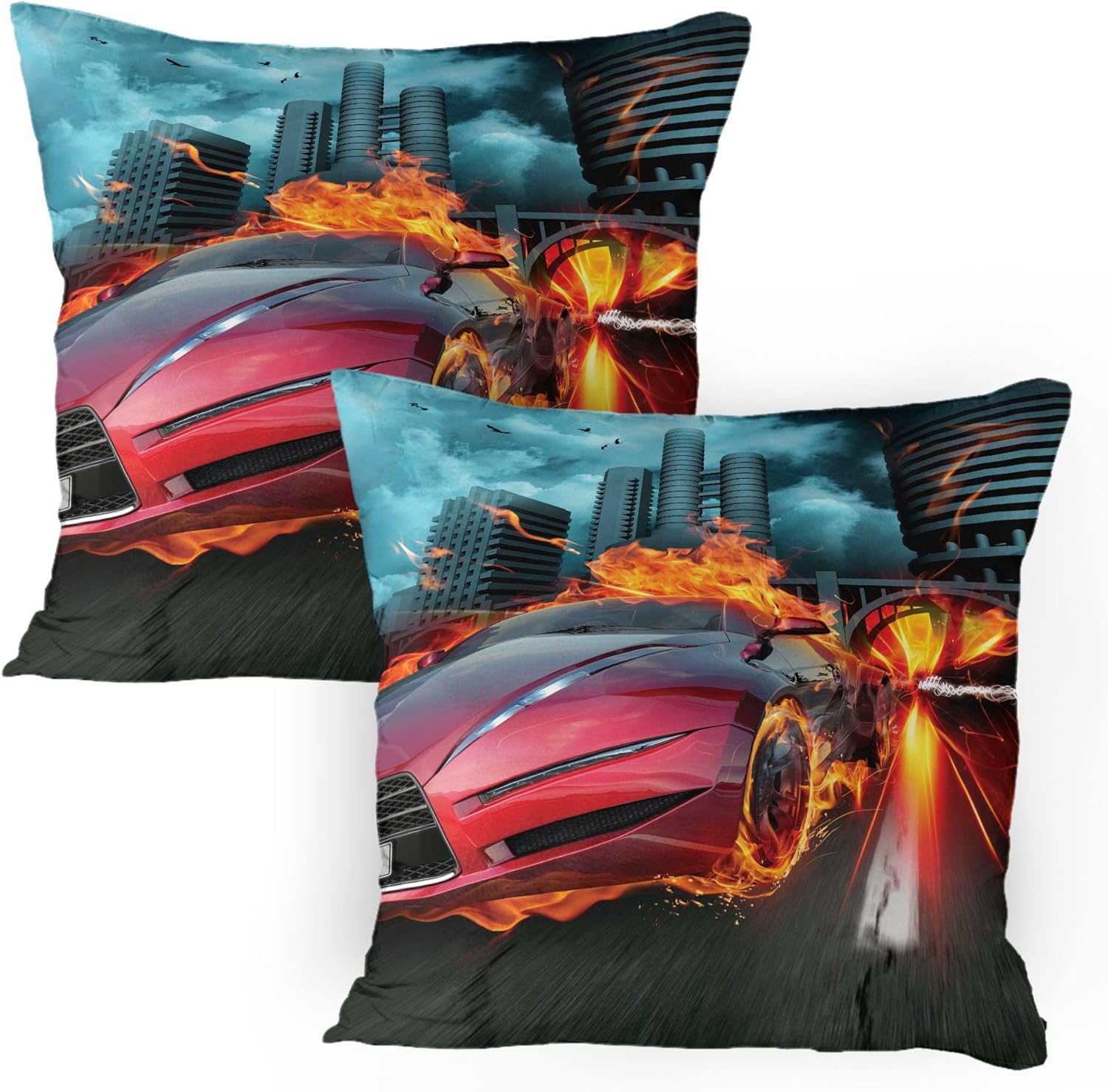 ABAKUHAUS Cars Cushion Cover Pack of 2, Hot Red Concept Car in Flames ...