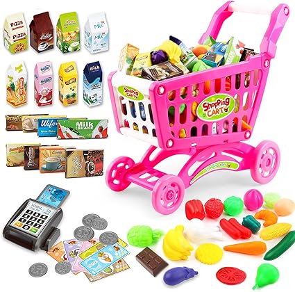 Amazon.com: deAO Kids Shopping Cart with Food Shopping Trolley Basket ...