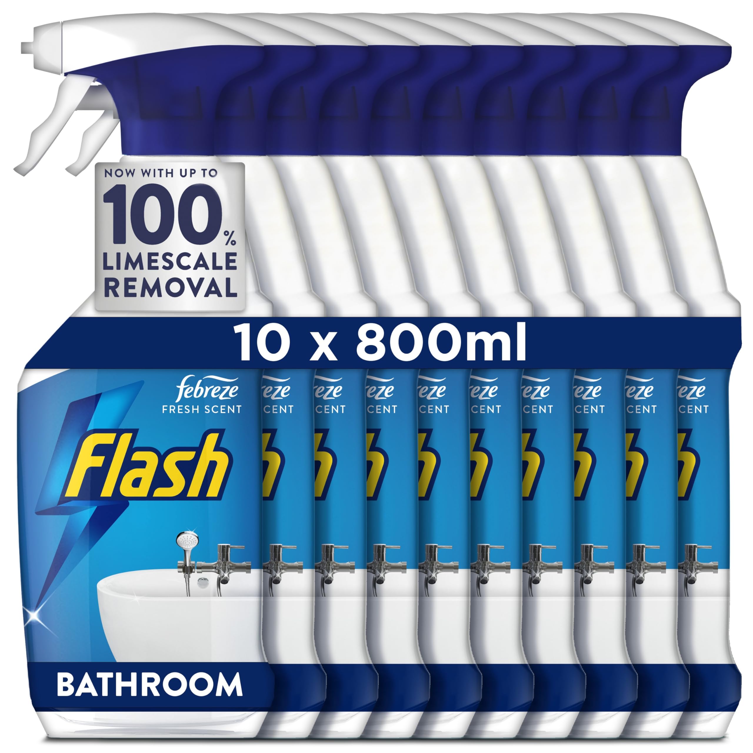Flash Bathroom Cleaner Spray, 8 Litres (800 ml x 10), Limescale Remover ...