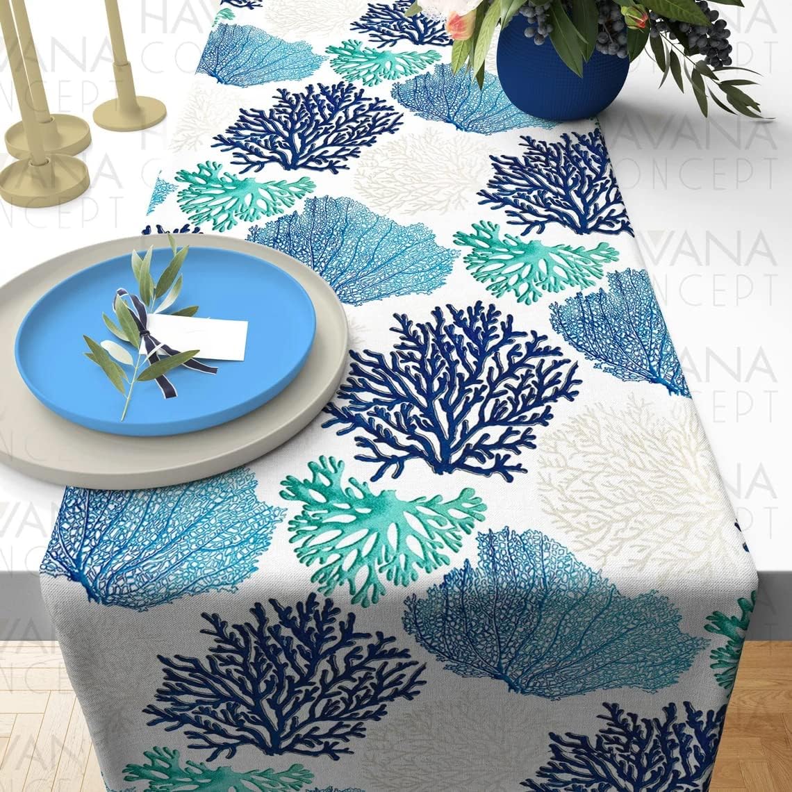 Amazon.com: Nautical Table Runner | Blue and Mint Coral Reefs on White ...