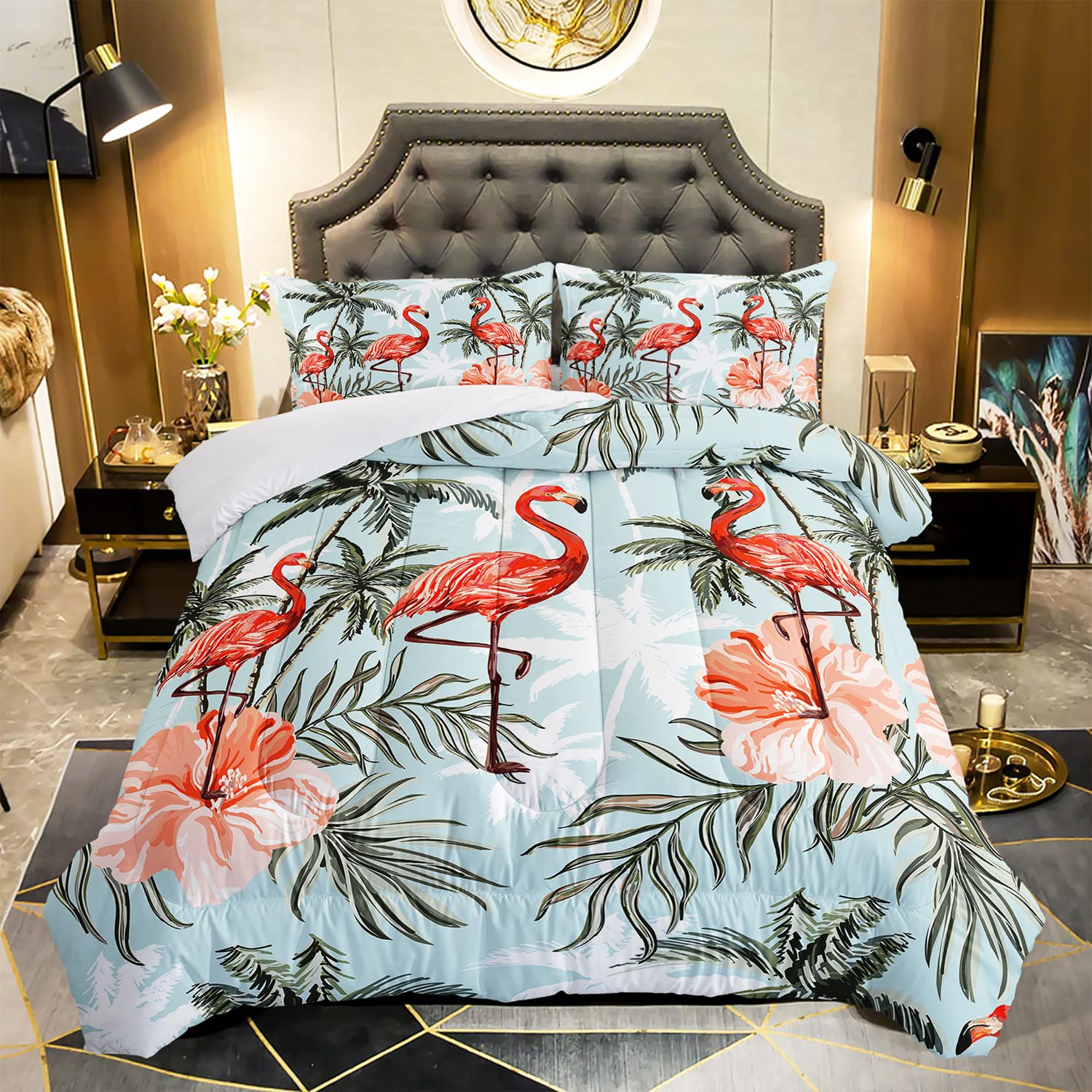 Amazon.com: XYNHML Flamingo Comforter Set Twin Size Tropical Flamingo ...