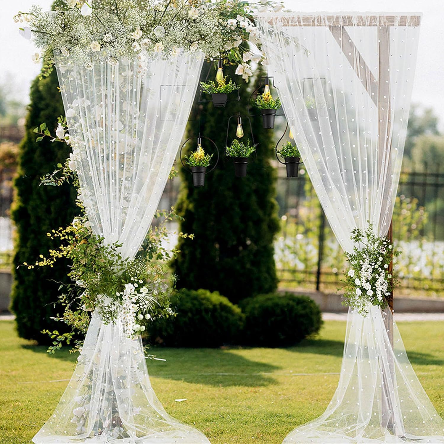 Amazon.com : Quandjk Pearl Curtains Backdrop, White Tulle Backgrounds ...