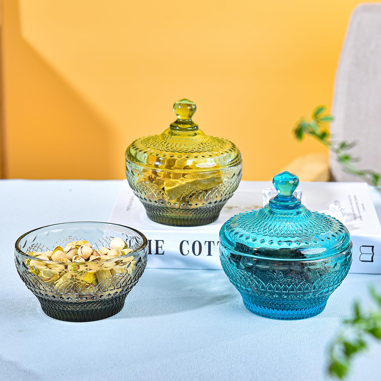 Snapklik.com : Vintage Embossed Glass Candy Storage Jars w/Lid ...
