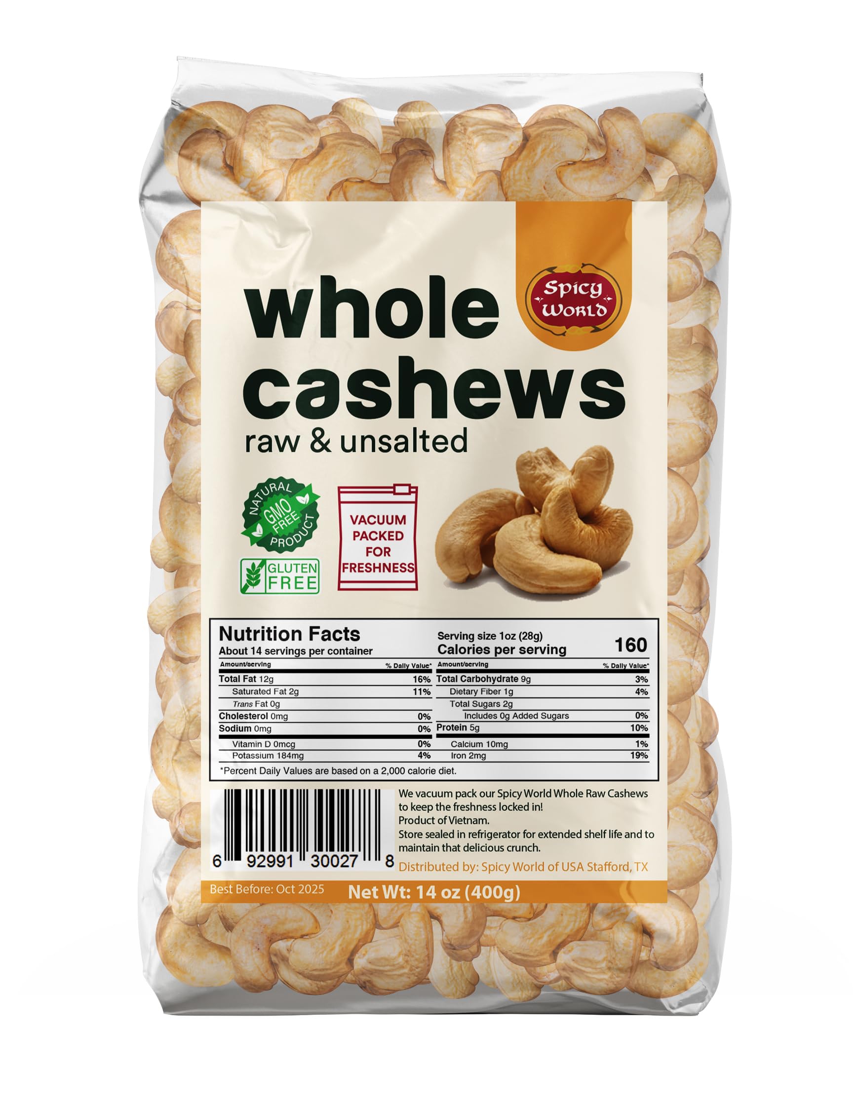 Amazon.com : Spicy World Raw Cashews Whole 14 Ounce Bag - Unsalted ...