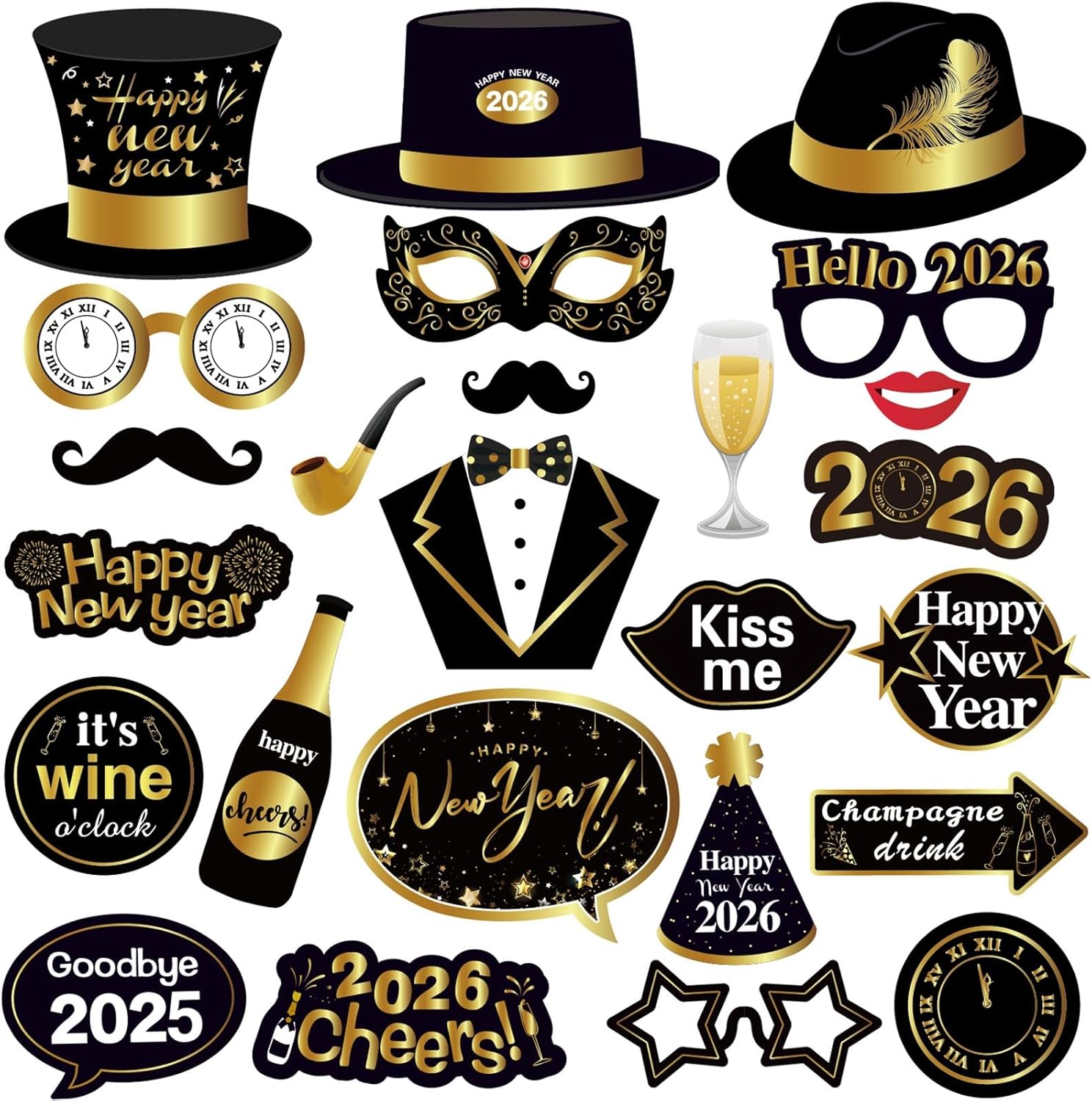 Amazon.com: New Years Photo Booth Props, 25 Pcs Black Gold Happy New ...