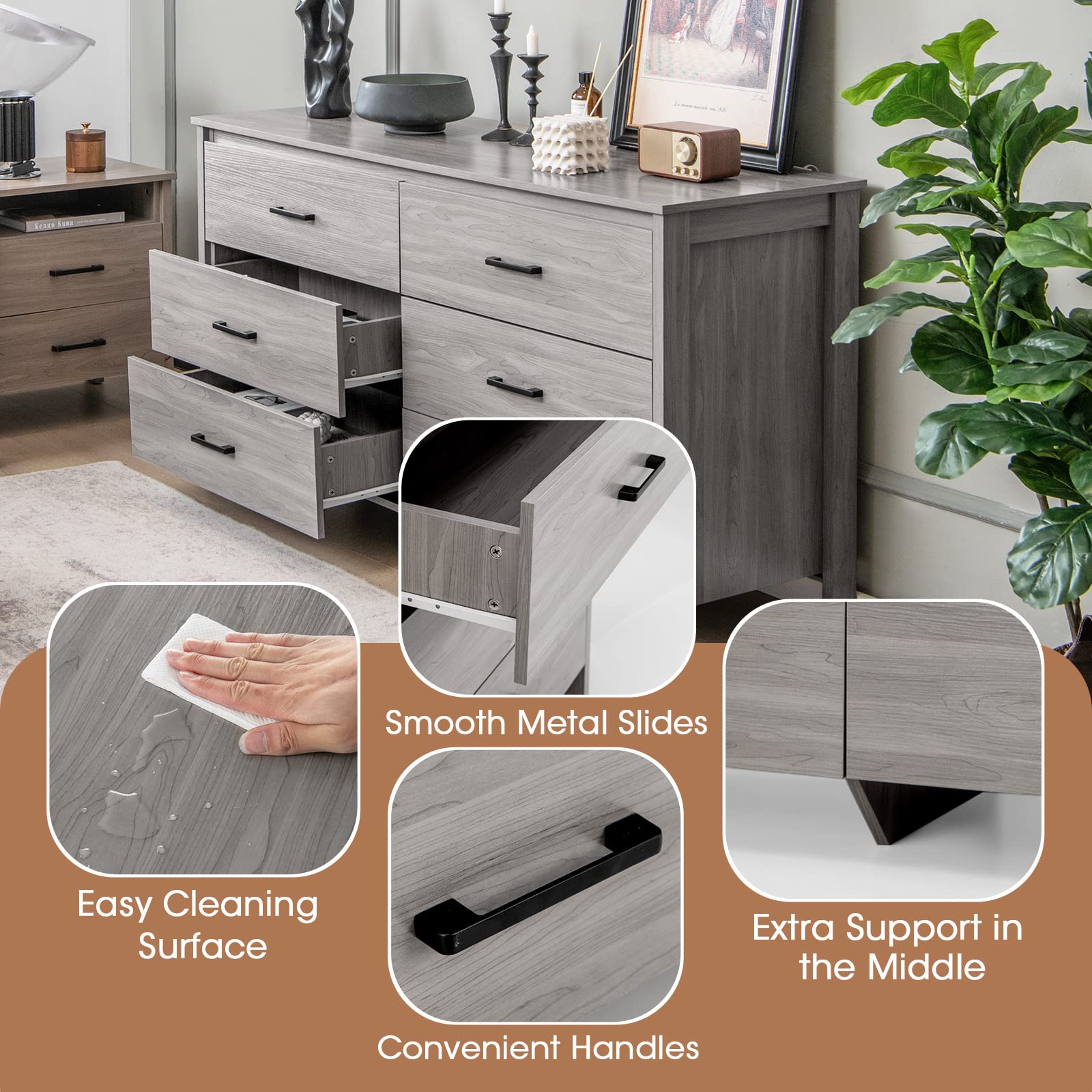 Giantex 6-Drawer Dresser for Living Room - Double Wide Chest of Drawers ...
