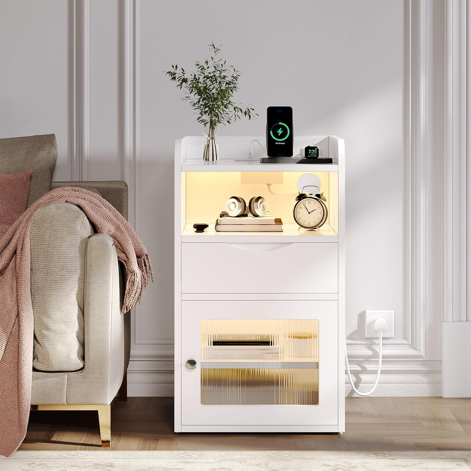 YITAHOME White Bedside Table with Charging Station,Bedside Cabinet with ...