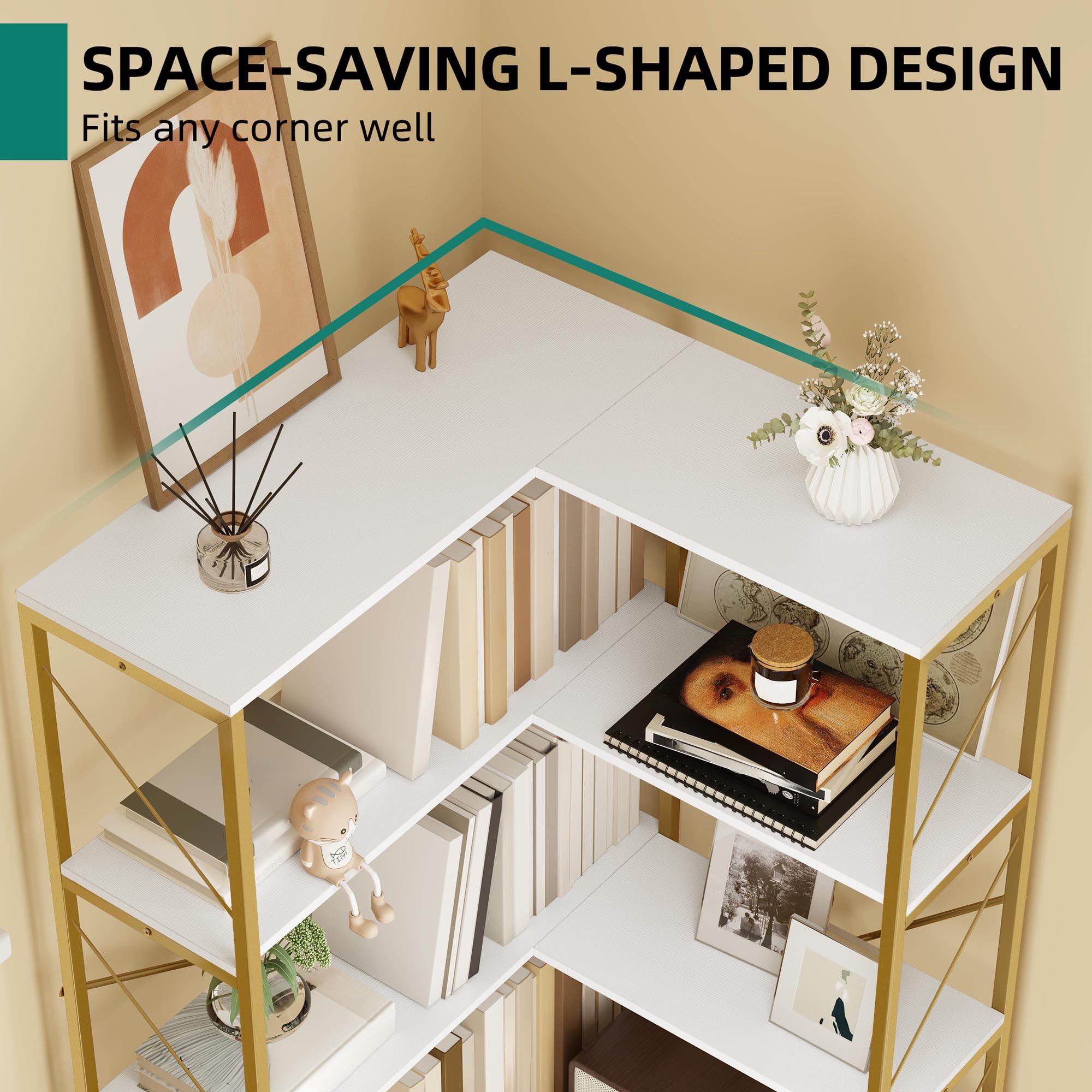 Snapklik.com : Corner Bookshelf, Gold Corner Shelf 5 Tier Bookcase ...
