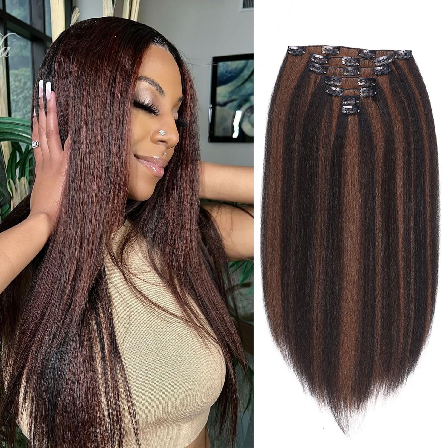 Amazon.com : Kinky Straight Clip in Hair Extensions Real Human Hair for ...
