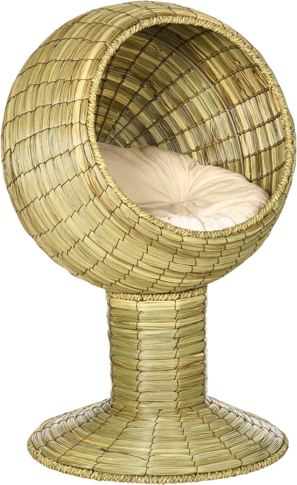 PawHut Raised Cat House, Natural Mat Grass Cat Bed, Kitten Cave with ...