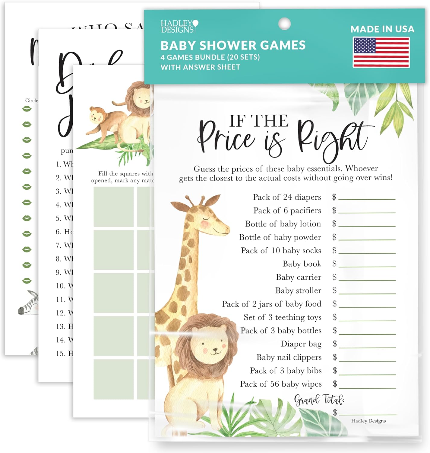 Amazon.com: Hadley Designs 40 Safari Baby Shower Games Gender Neutral ...