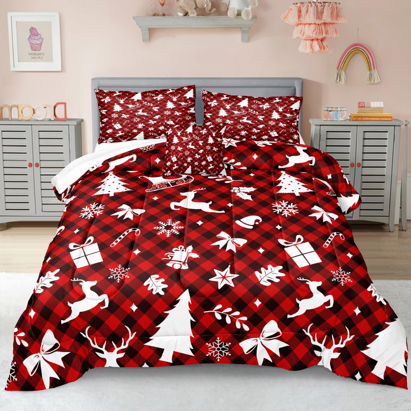 Amazon.com: Bedbay Christmas Comforter Set Queen Size Red Plaid Bedding ...