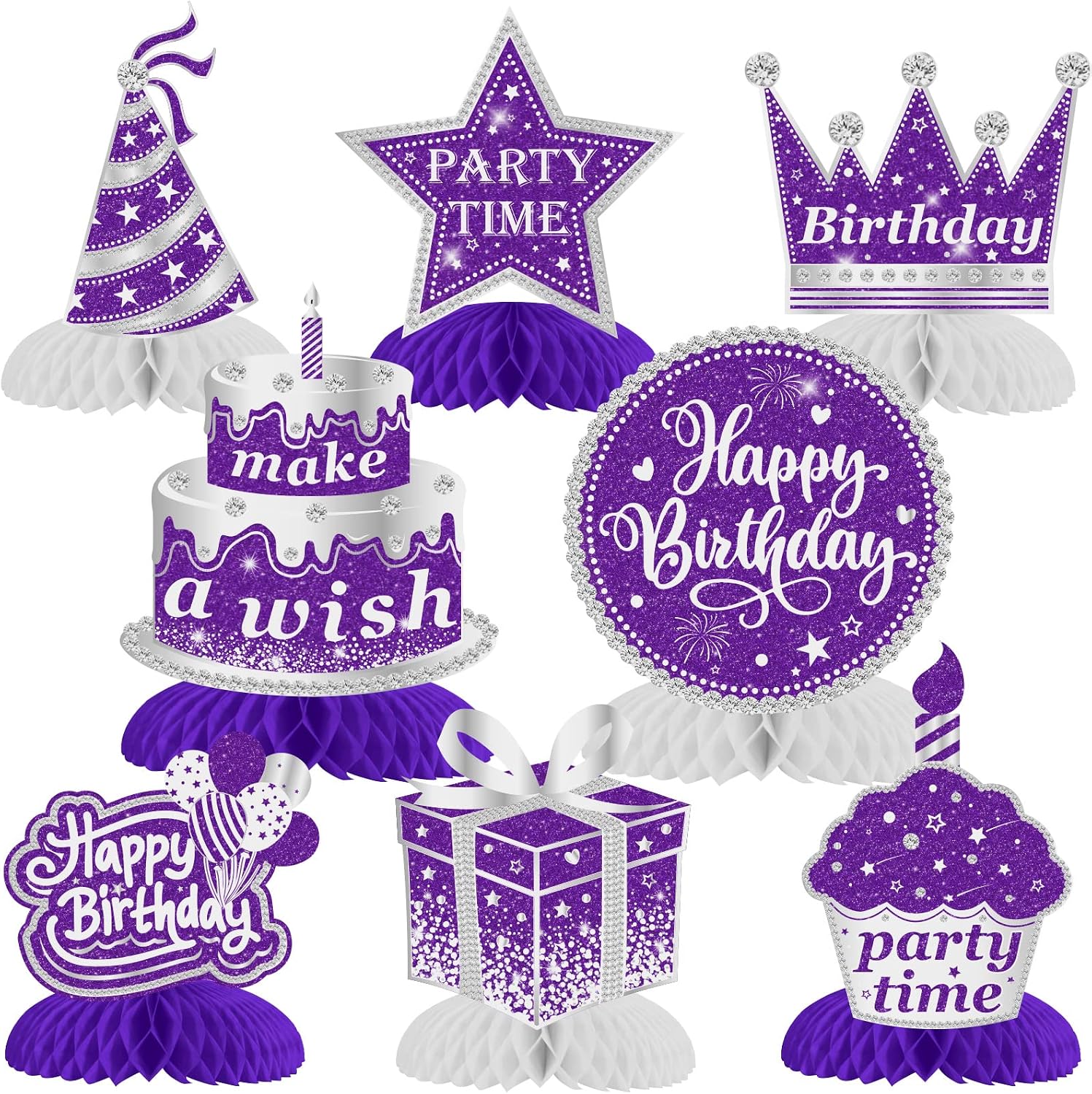 Cheereveal 8 Pieces Purple Silver Happy Birthday Decorations Honeycomb ...