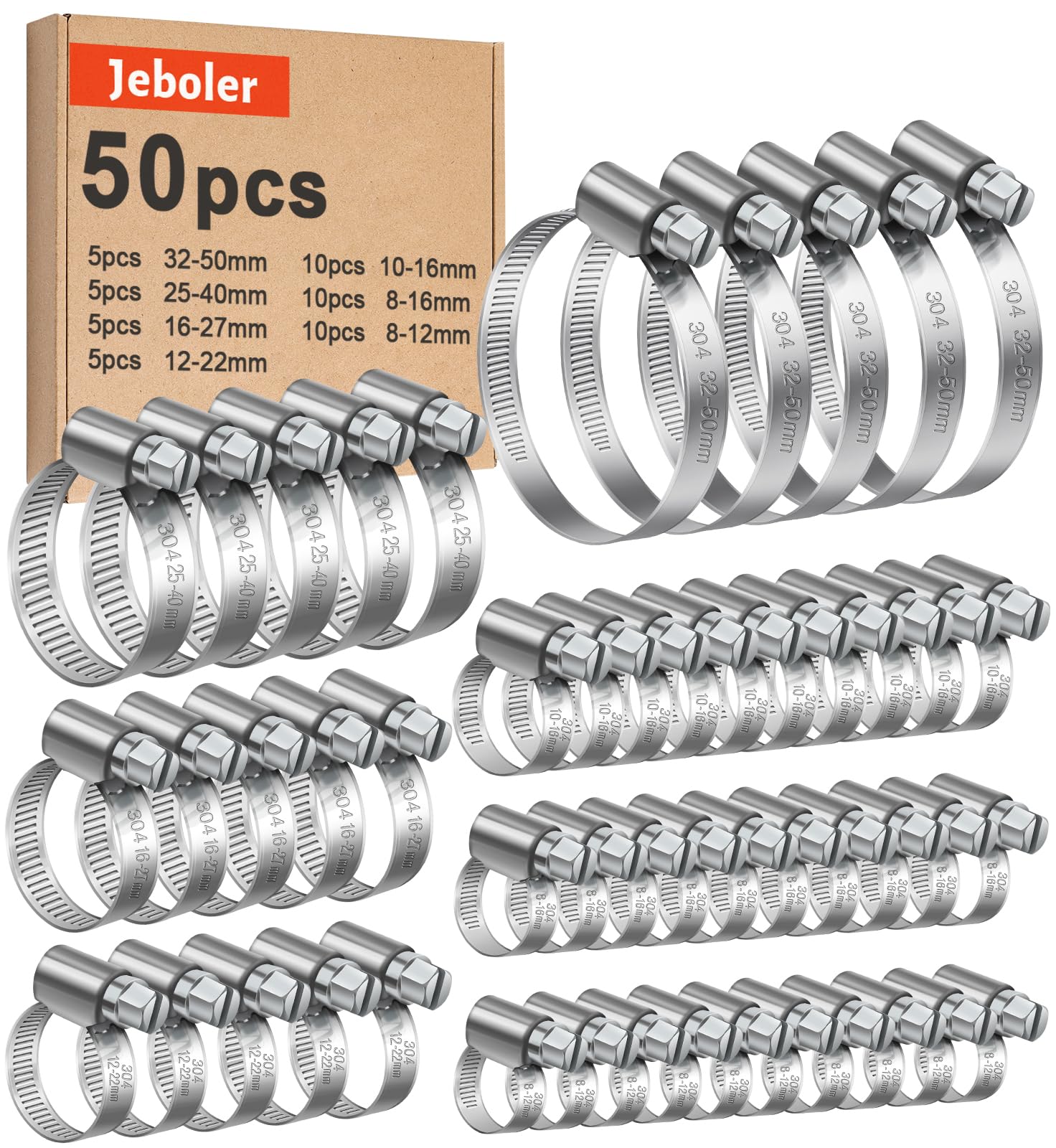50Pcs 8-50mm Hose Clips Set, Jeboler Small Hose Clamp Adjustable Worm ...
