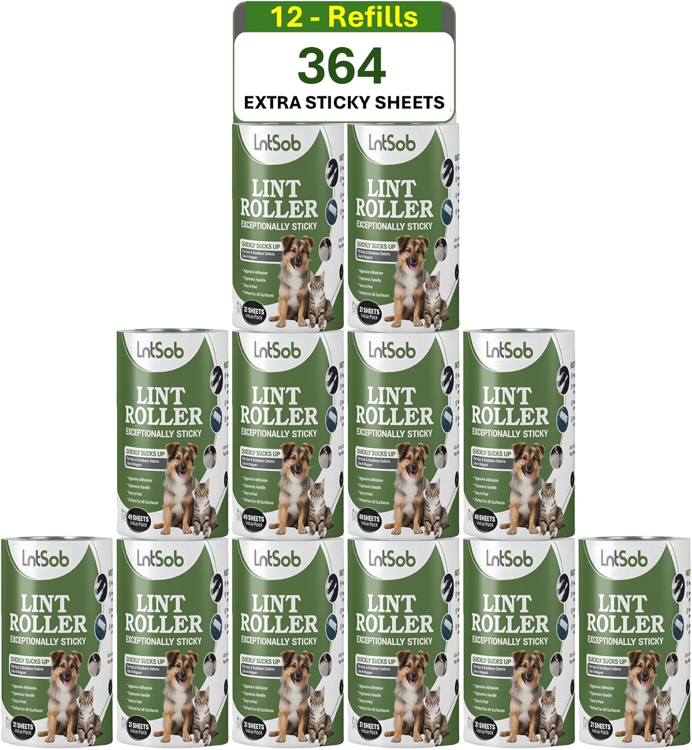 LntSob Pack of 12 Lint Rollers Refills-364 Sheets Sticky Lint Roller ...