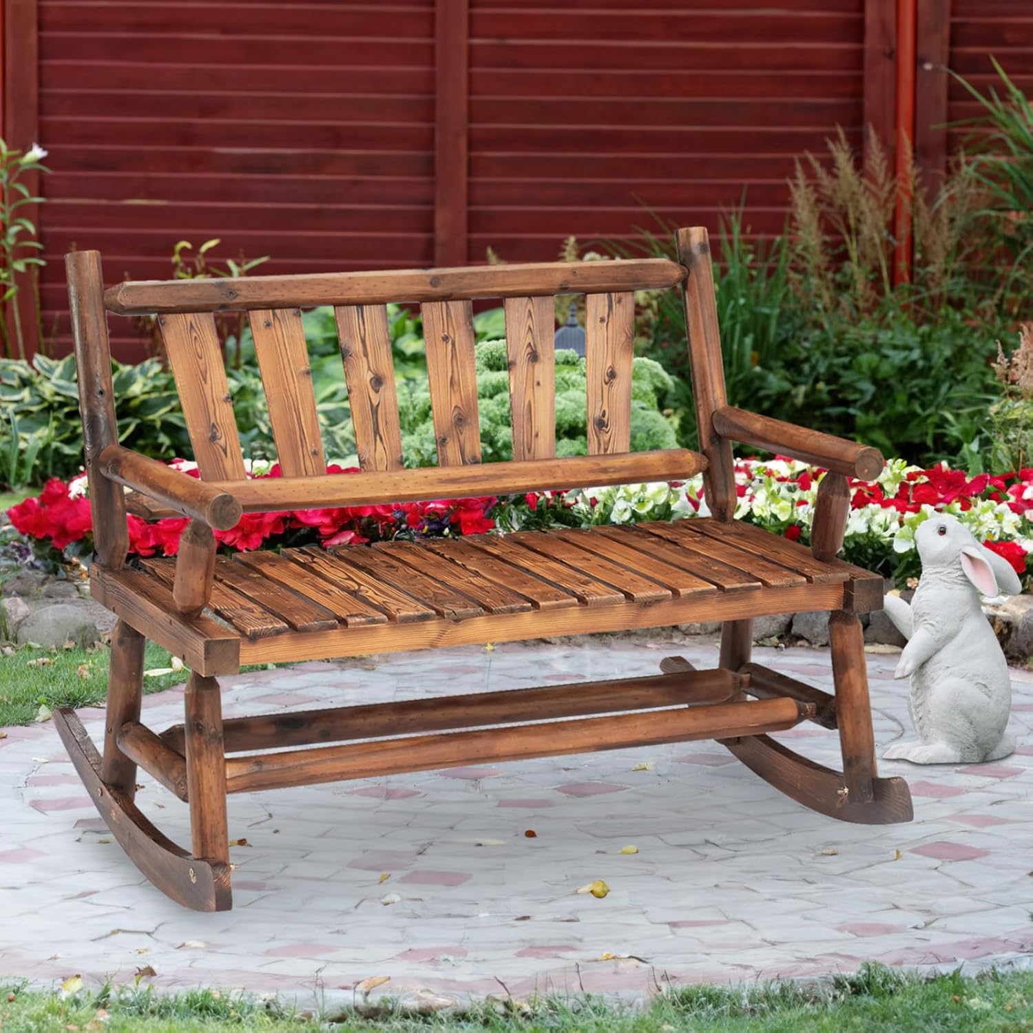 Amazon.com: FURNDOOR Outdoor Wooden Rocking Chair for 2 Person, Rustic ...