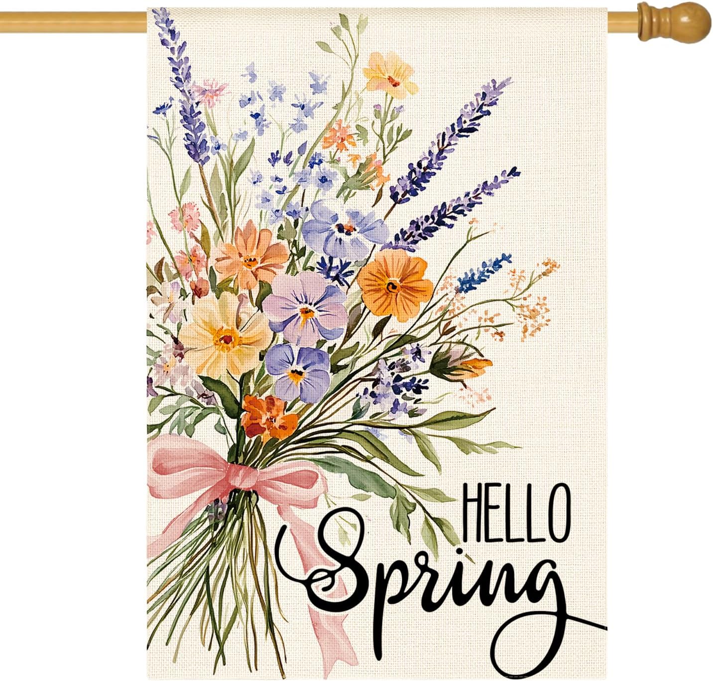 Amazon.com : AVOIN colorlife Hello Spring Flowers House Flag 28x40 Inch ...