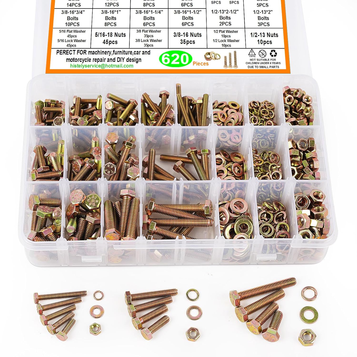 620PCS SAE Grade 8 Nuts and Bolts Assortment Kit, Histely 1/4-20, 5/16 ...