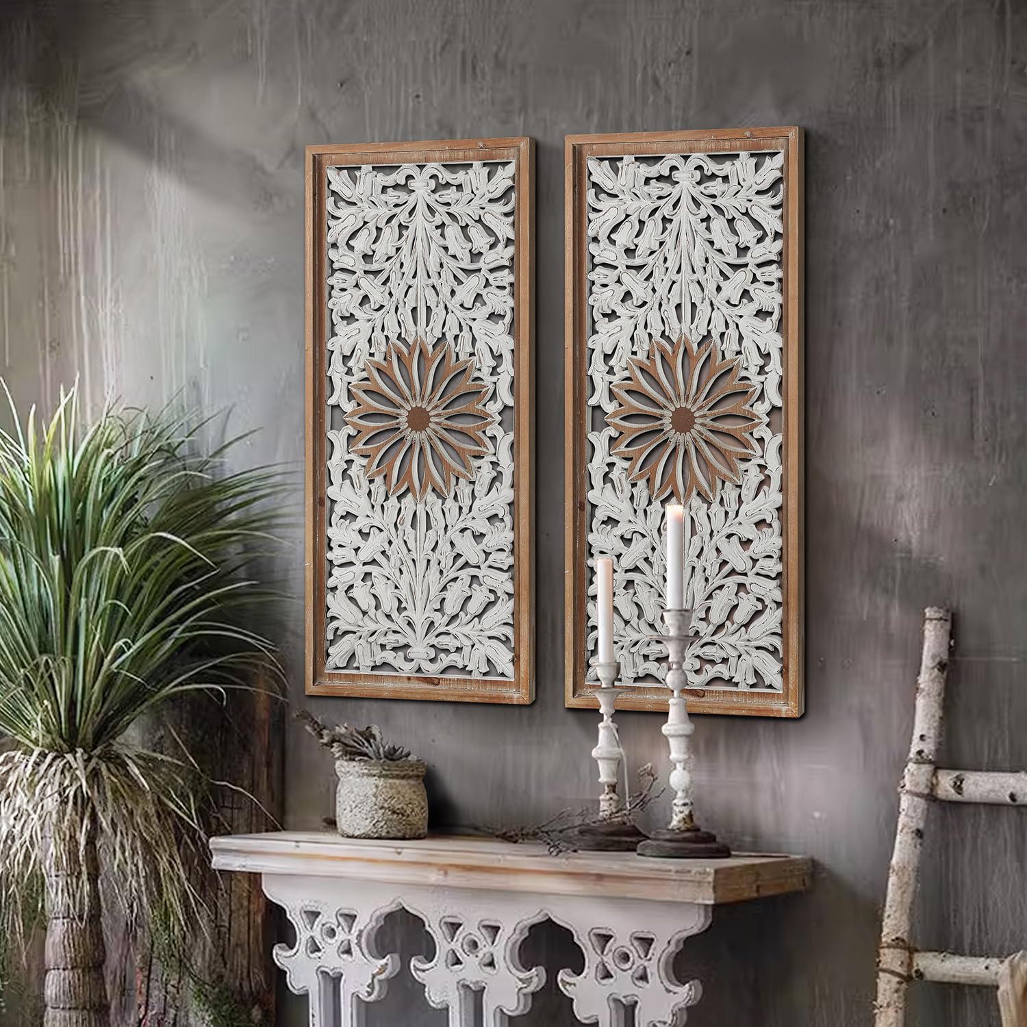 Modern Carved Wood Panels Flower Detail Large White Carved Wall Panel