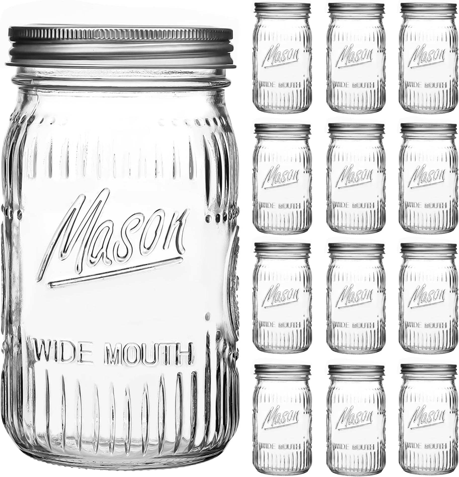 Amazon.com: Amzcku 32oz Vintage Mason Jars with Lids, Wide Mouth Quart Canning Jar 12 Pack: Home ...
