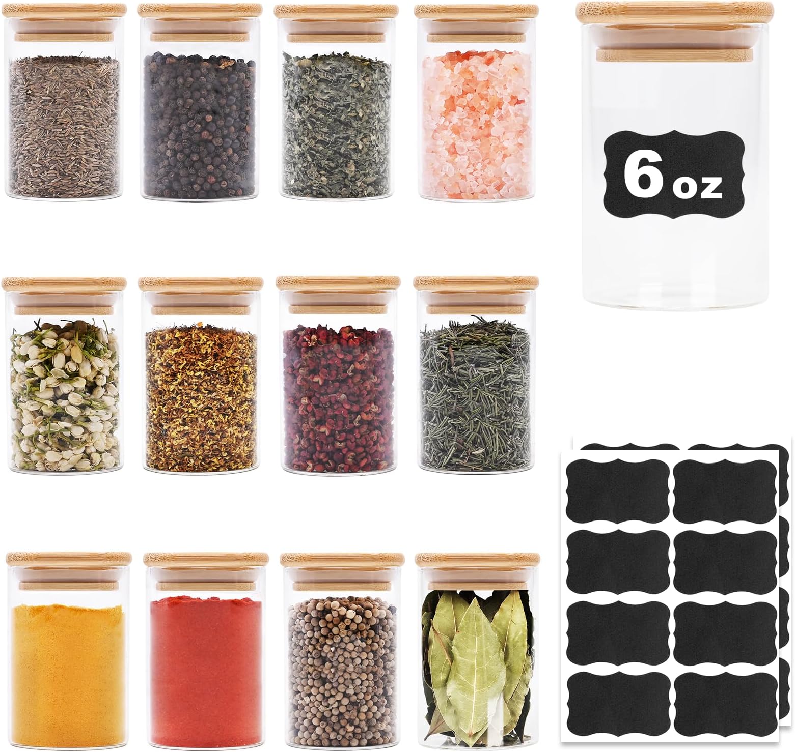 Amazon.com: Spice Jar Set - 6oz Glass Spice Jars with Bamboo Lids and ...
