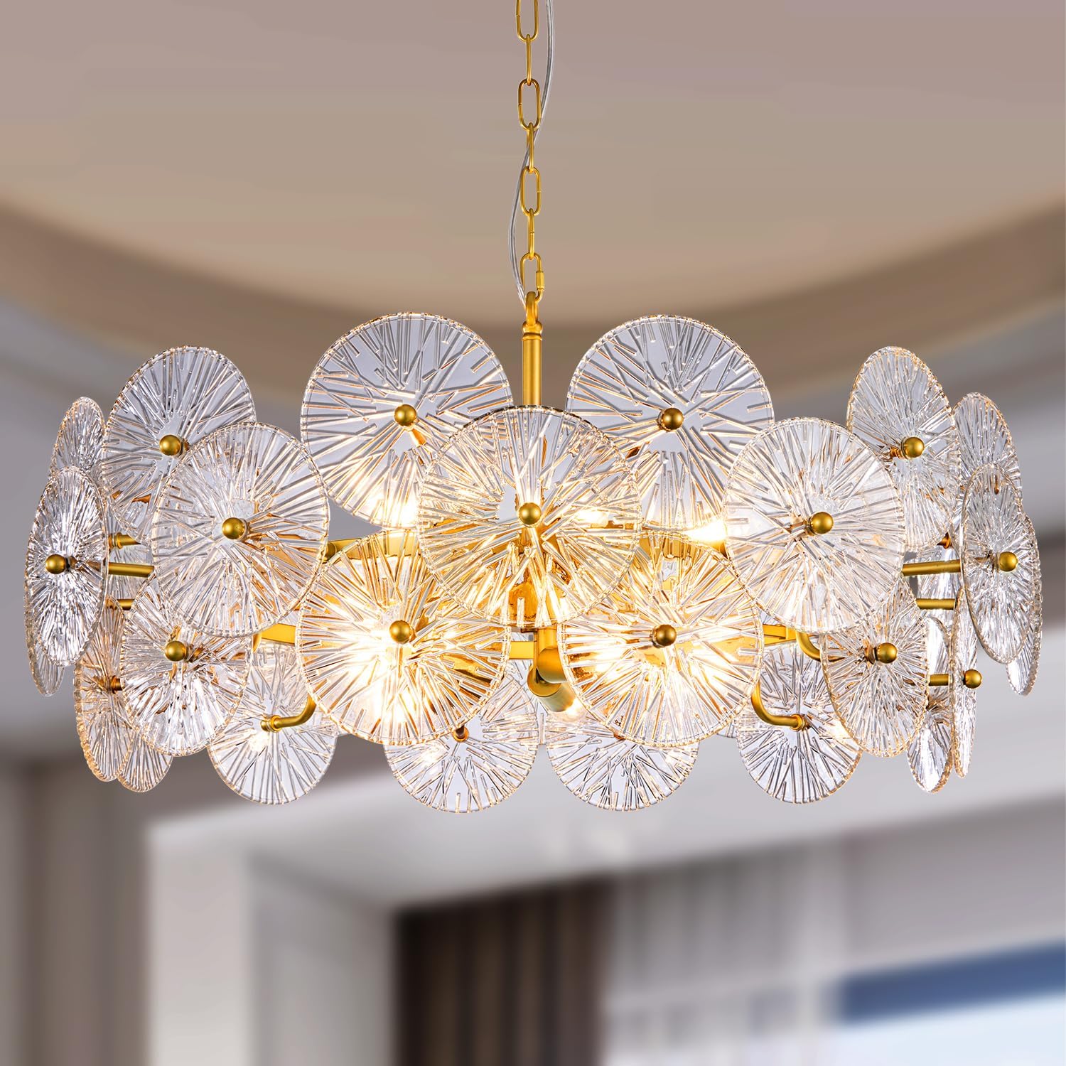 TOCHIC Modern Glass Chandelier 32.67", 3 Tiers Large Gold Ceiling Light ...