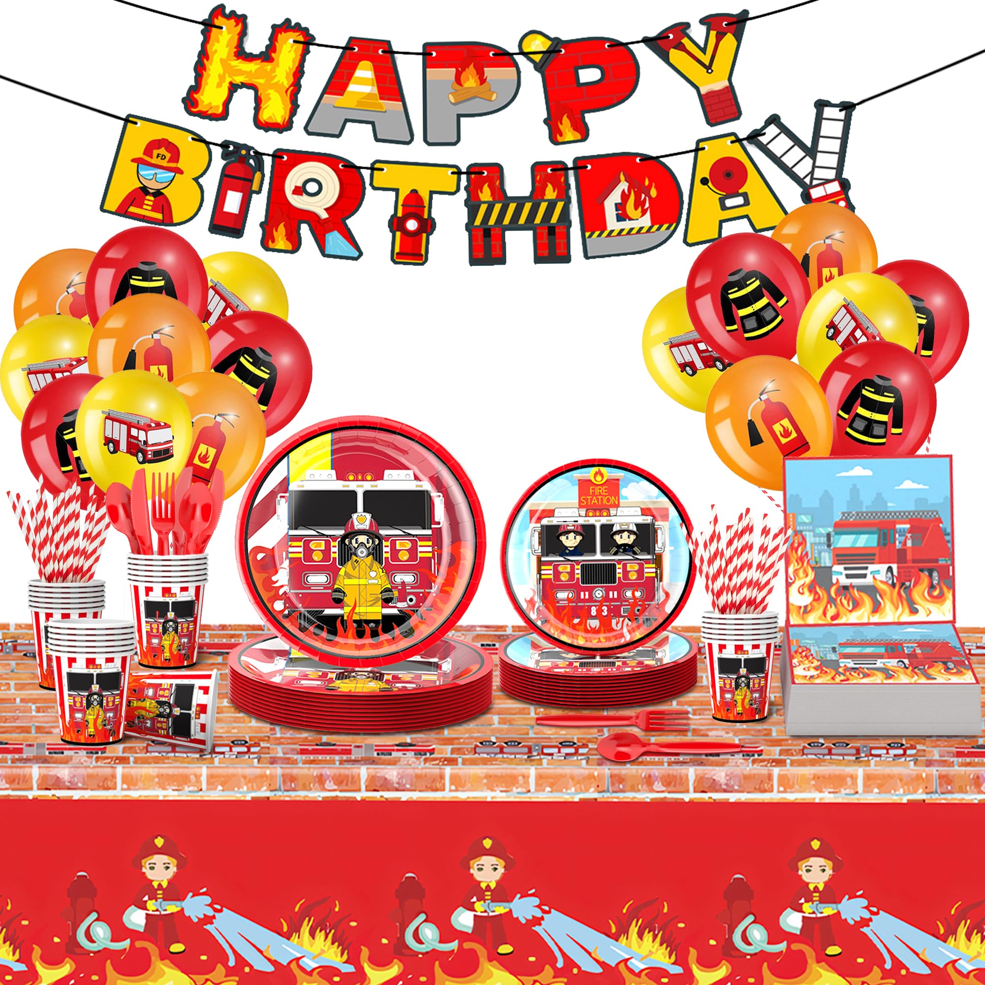 Amazon.com: Birthday Party Decorations 206pcs Firefighter Themed - Fire ...