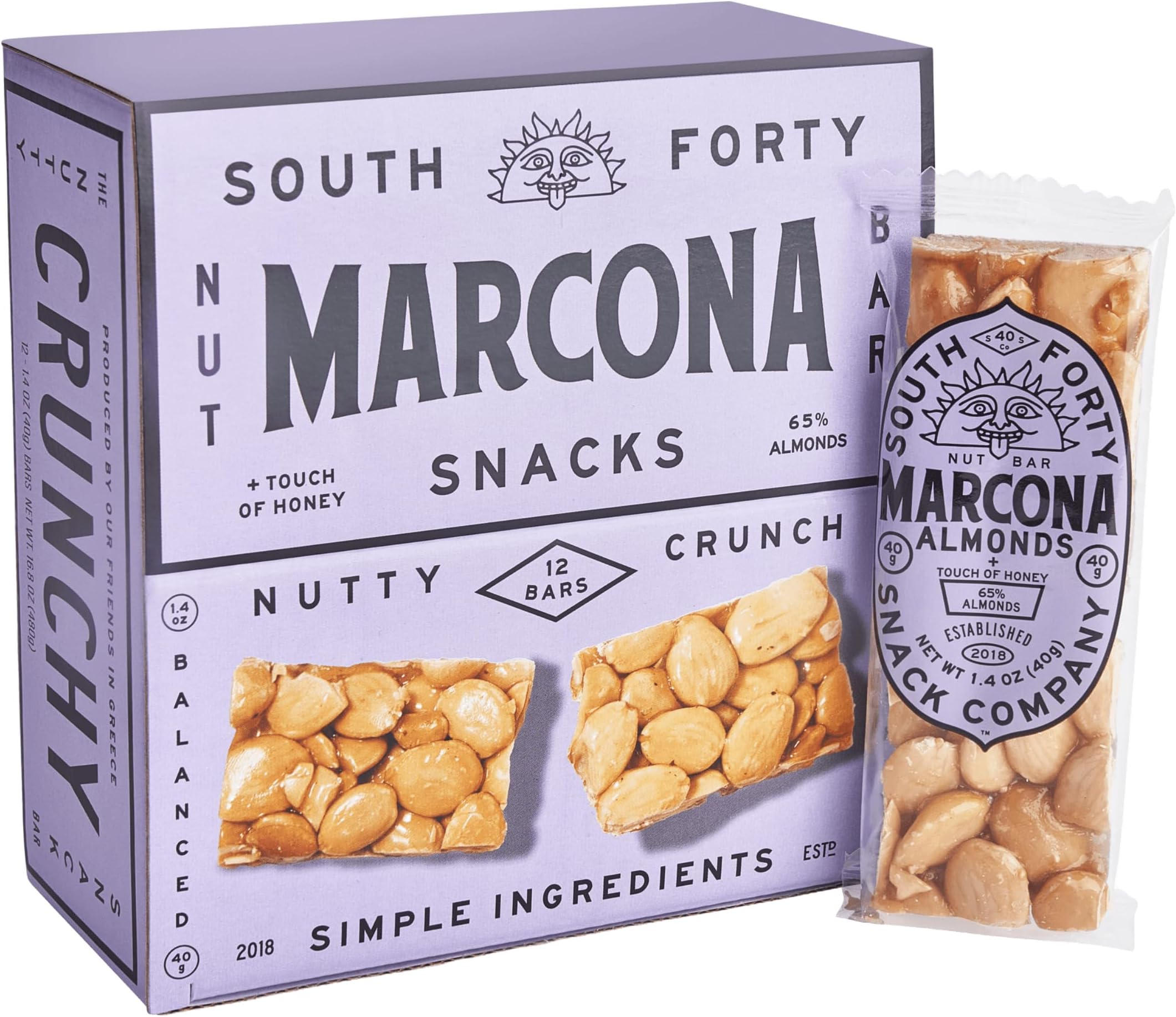 Amazon.com: South 40 Snacks Marcona Almond Bar, Extra Crunchy Nut Snack ...