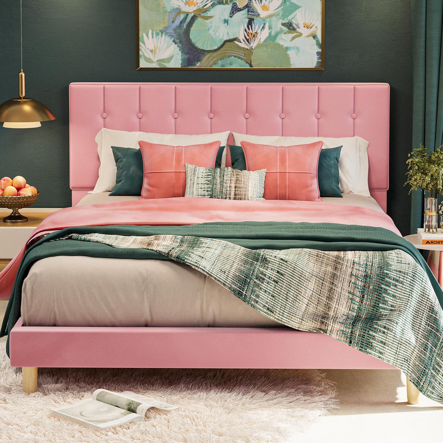 LIKIMIO Queen Bed Frame Velvet Upholstered Platform Bed Frame With likimio-queen-bed-frame-velvet-upholstered-platform-bed-frame-with