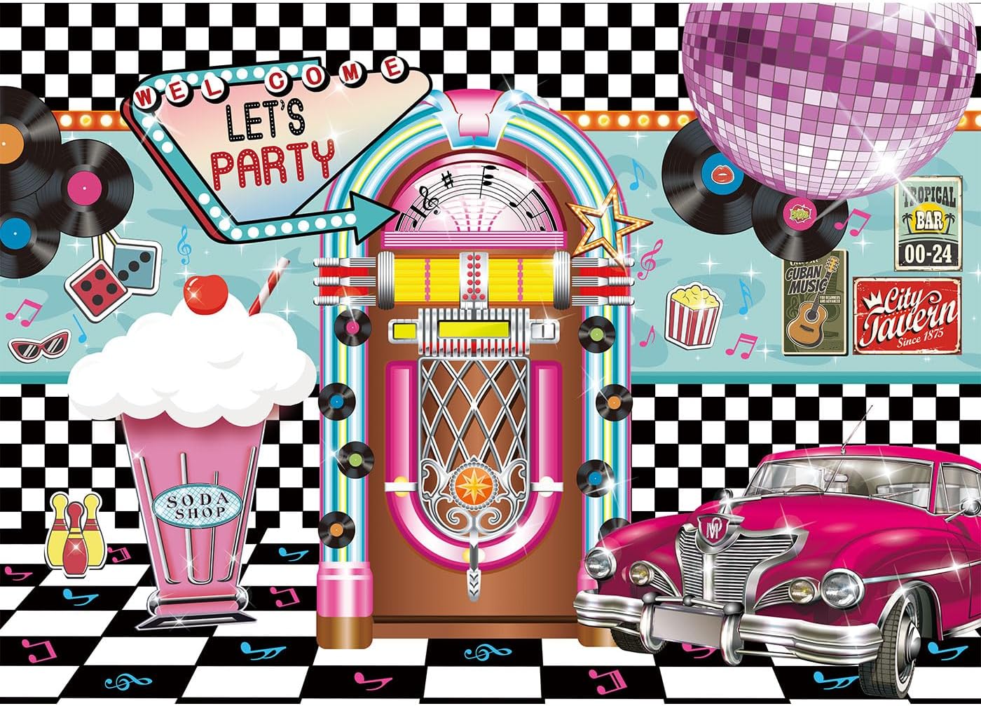 Amazon.com : Nuenen 50's Sock Hop Party Decorations Banner Jukebox ...