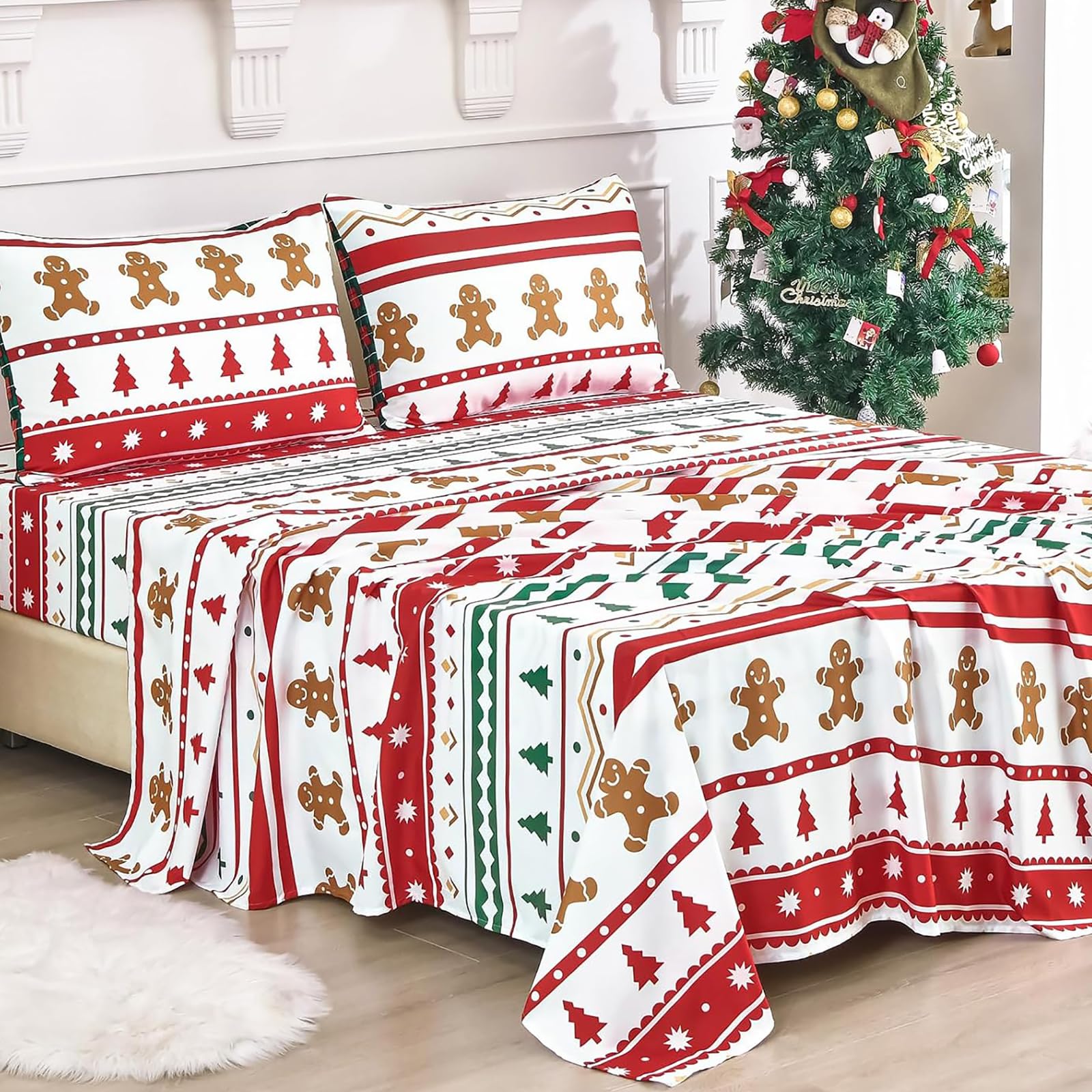 Amazon.com: WONGS BEDDING King Sheet Set,White Christmas Holiday 4 ...