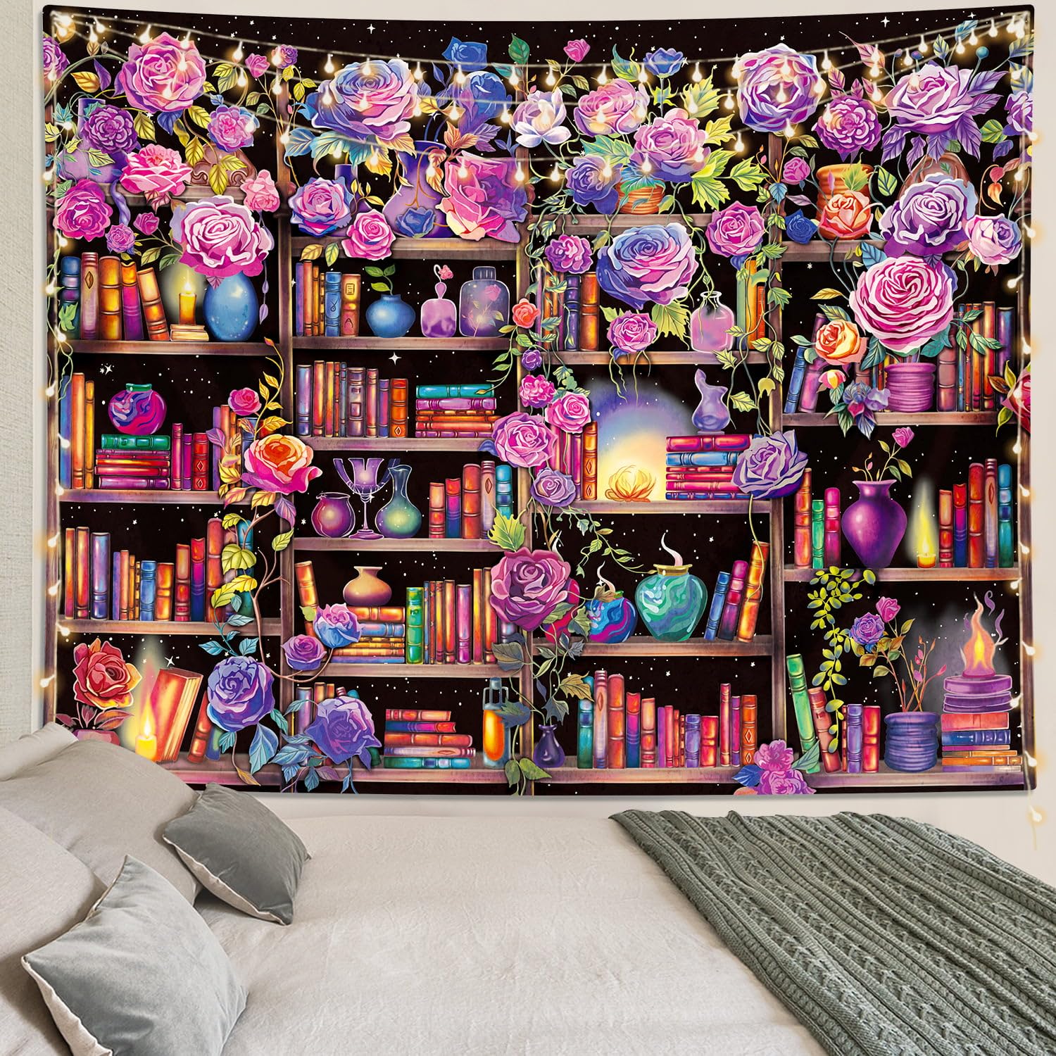 Amazon.com: ARTCREATOR Bookshelf Wall Tapestry Pink and Purple Flower ...