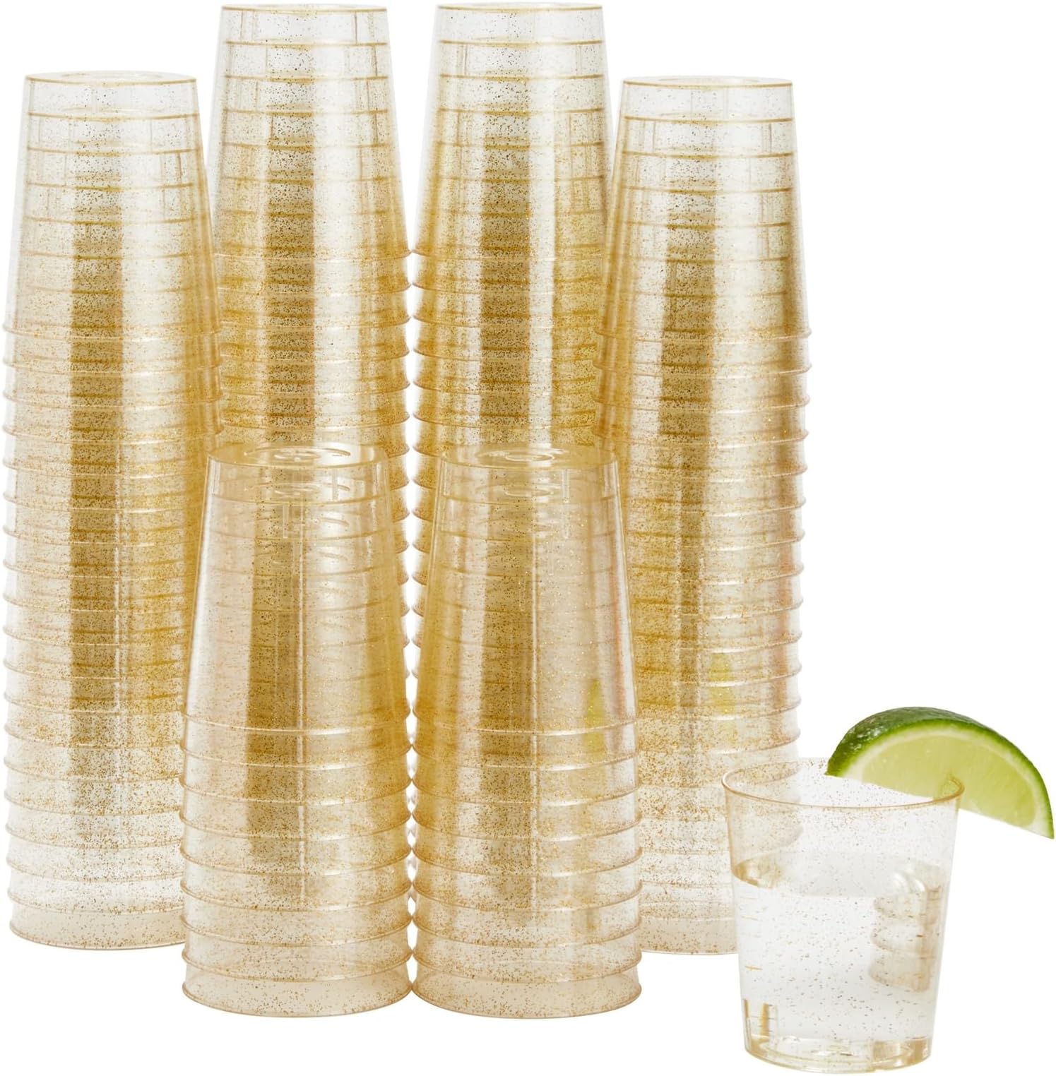 Amazon.com: Juvale 100 Pack Gold Glitter Plastic Shot Glasses - 2oz ...