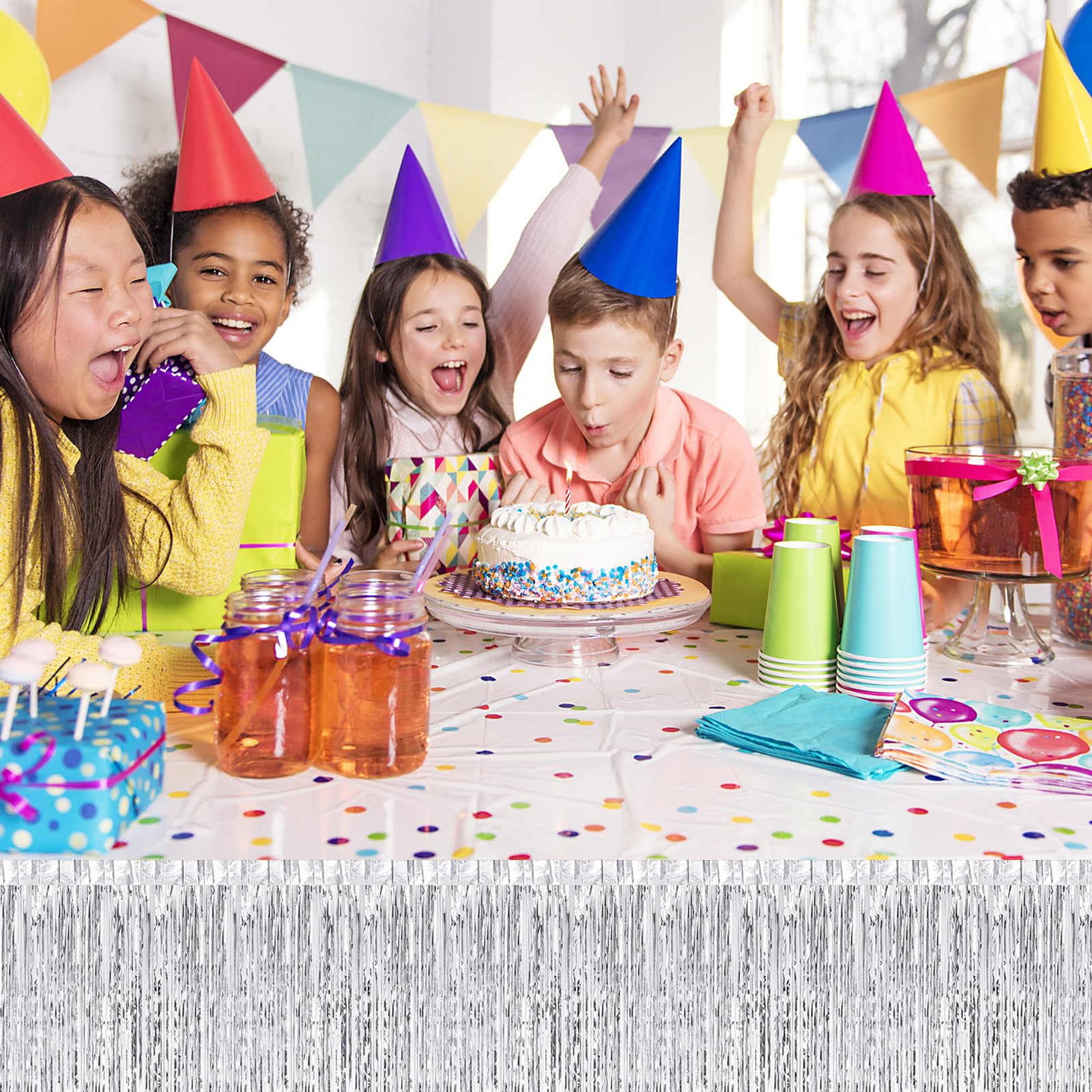 Snapklik.com : 5 Pack Silver Foil Fringe Table Skirt, 29 X 108 IN Fringe Party Table Skirt ...