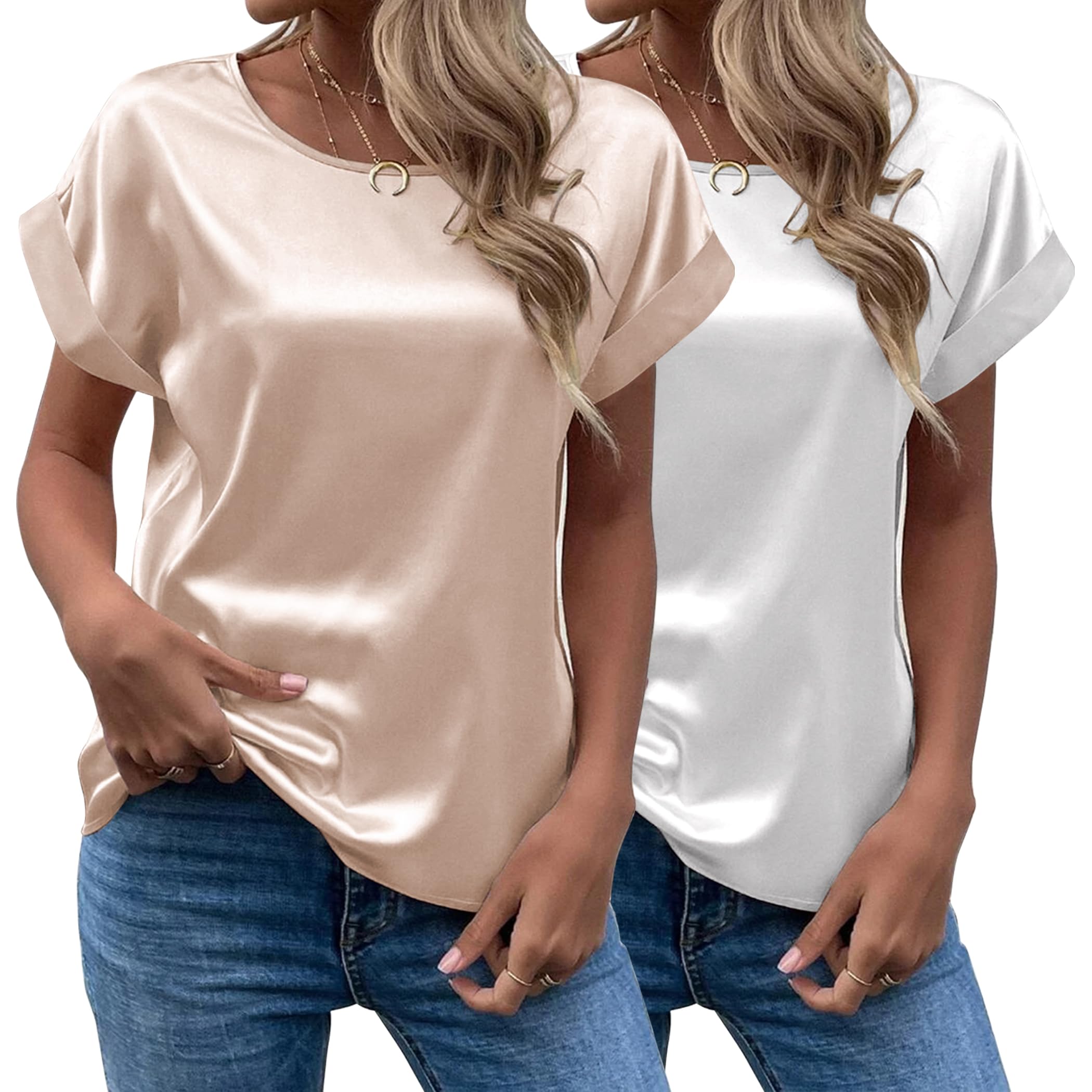 Chigant Women's Short Sleeve Satin Blouses Casual Loose Crewneck Silk ...