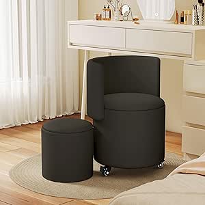 Amazon.com: SJZNOI Round Vanity Chair with Storage, Rolling PU Leather ...