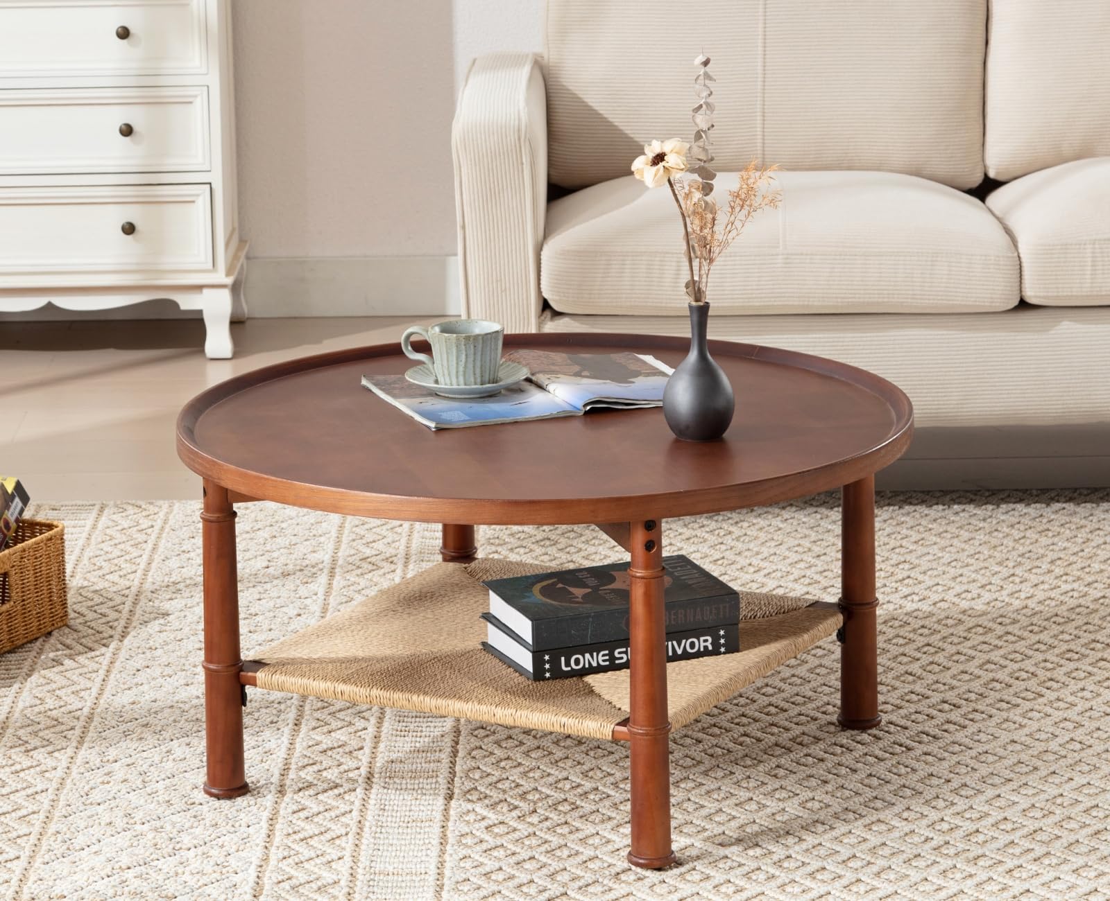 Amazon.com: ROCITY Walnut Wood Coffee Table Round Coffee Table Wooden ...