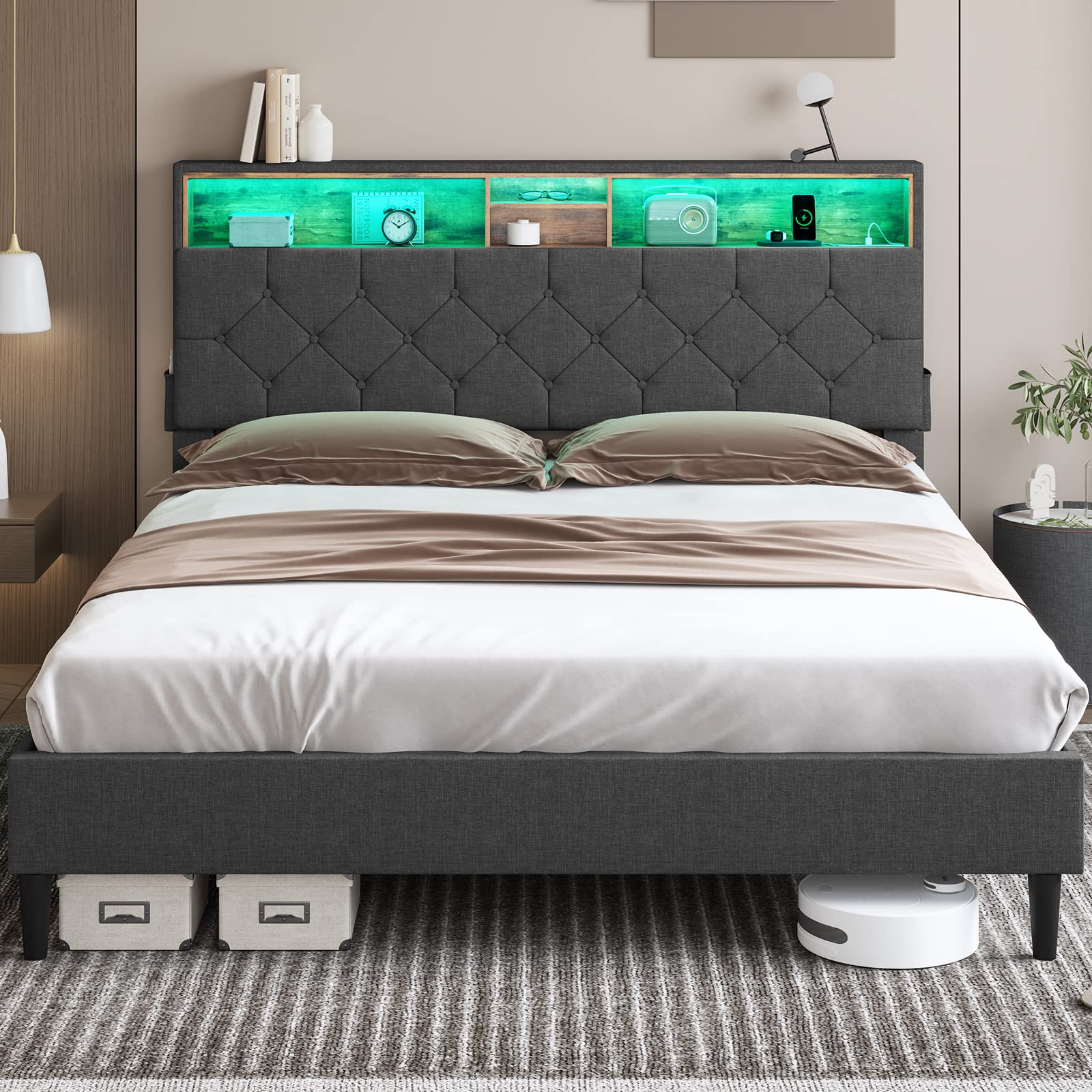Tiptiper LED Bed Frame Queen Size with Outlets, USB Ports & Headboard Storage, Button Tufted ...